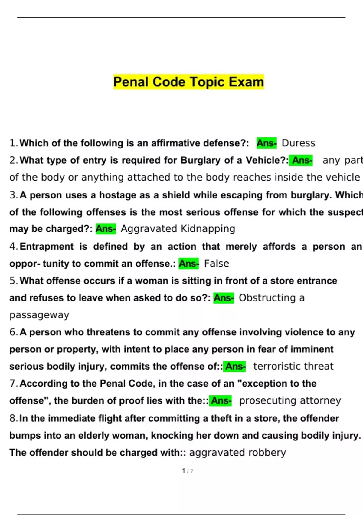 Penal Code Topic Exam Questions with Answers 2024/2025 Solution guide ...