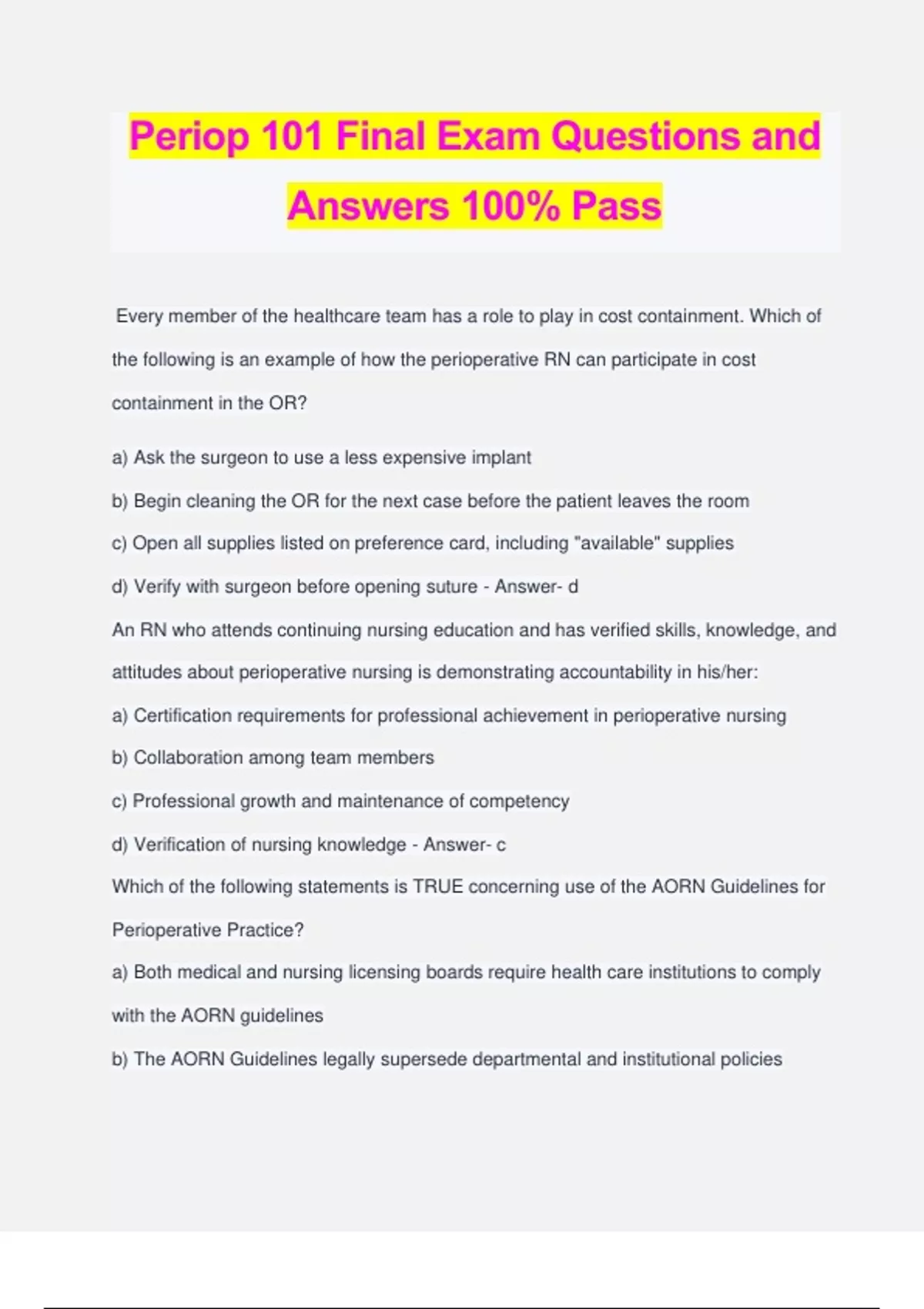 Periop 101 Final Exam Questions and Answers 100% Pass - AORN Periop 101 - Stuvia US