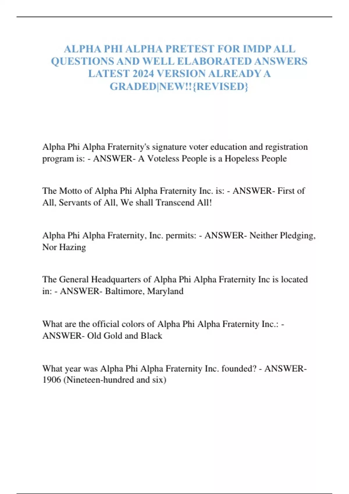 ALPHA PHI ALPHA PRETEST FOR IMDP ALL QUESTIONS AND WELL ELABORATED ...