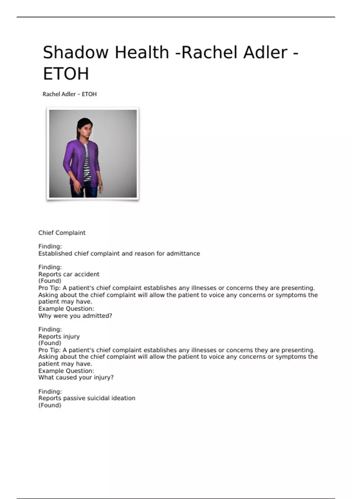 Shadow Health -Rachel Adler - ETOH - Shadow Health -Rachel Adler - ETOH ...