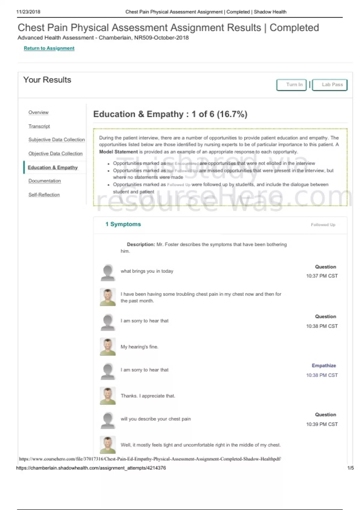 Chest Pain Physical Assessment Assignment Results | Completed Advanced ...