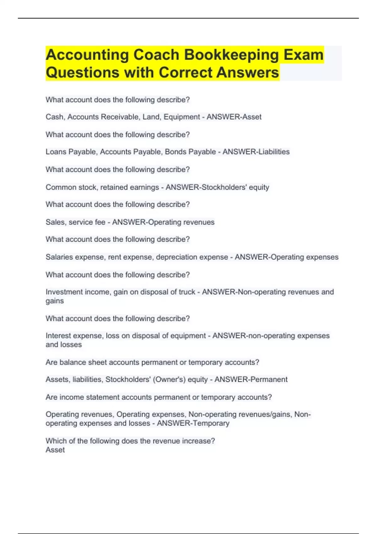 Accounting Coach Bookkeeping Exam Questions with Correct Answers ...