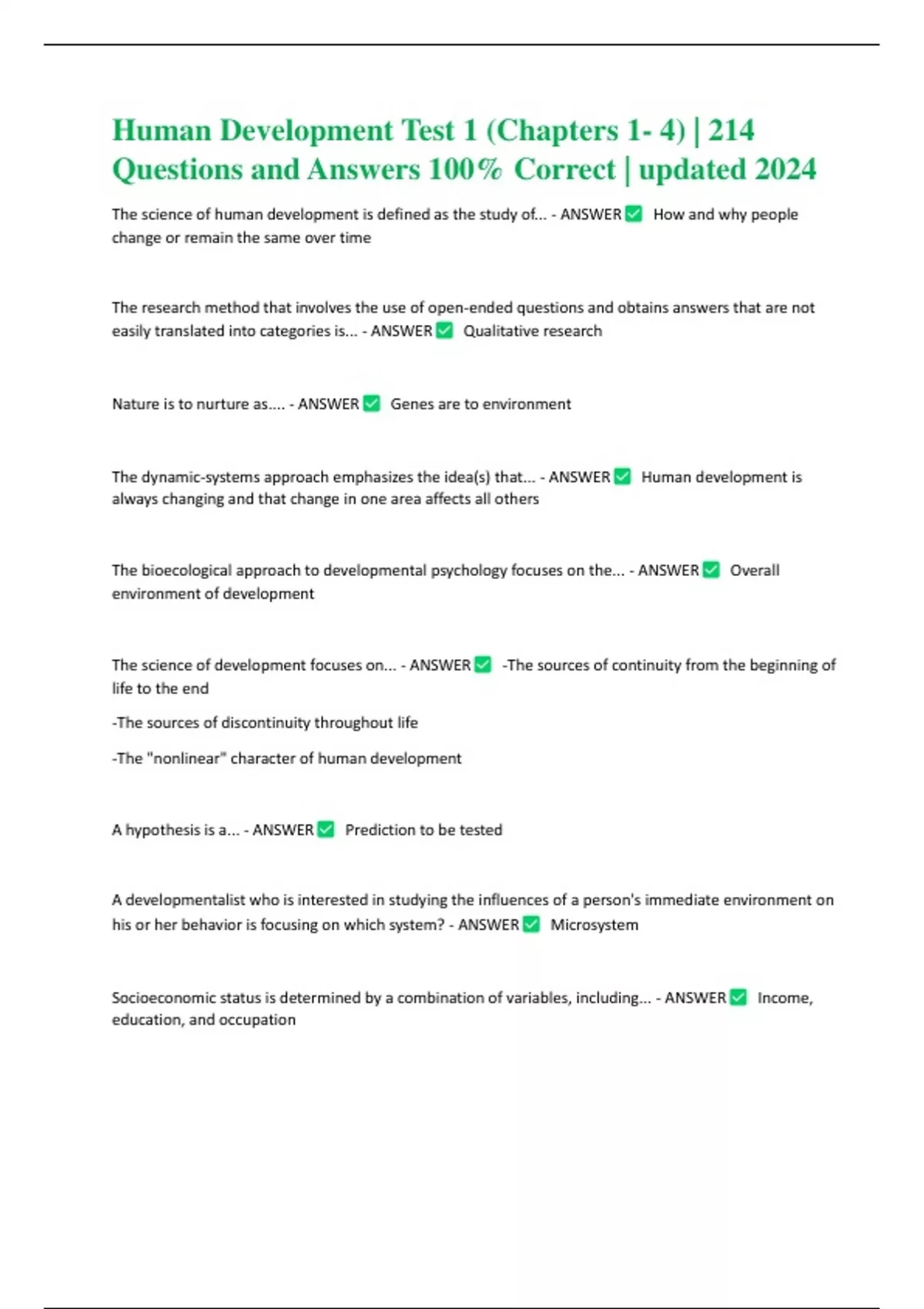 Human Development Test 1 (Chapters 1- 4) | 214 Questions and Answers ...