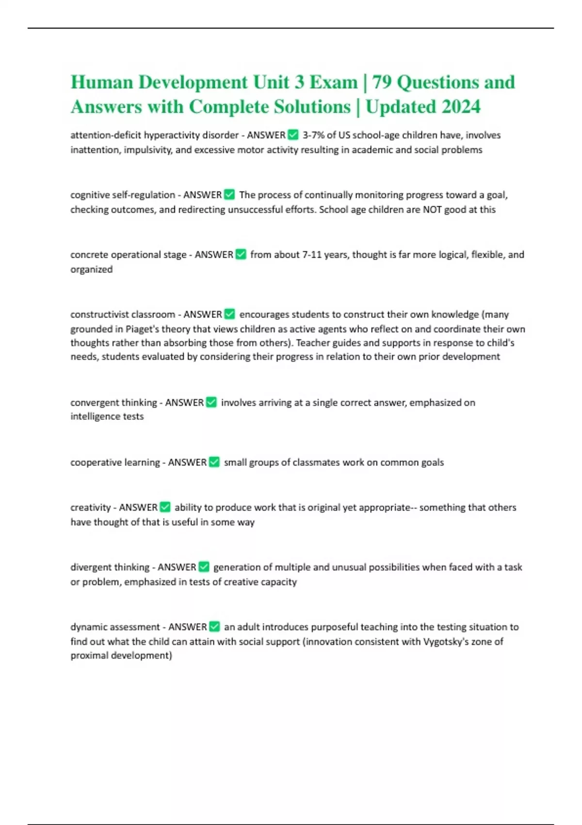 Human Development Unit 3 Exam | 79 Questions and Answers with Complete ...