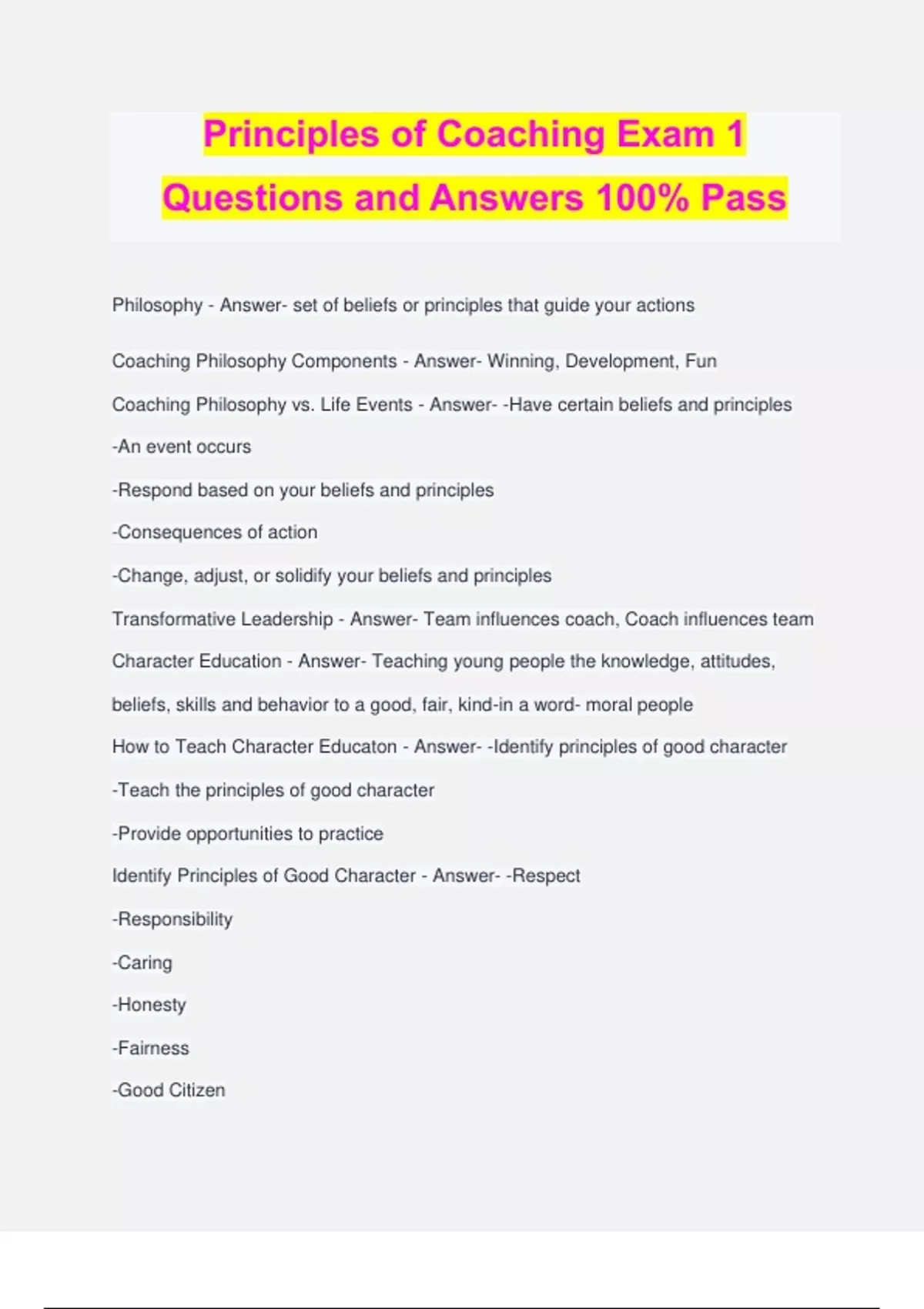 Principles of Coaching Exam 1 Questions and Answers 100% Pass ...