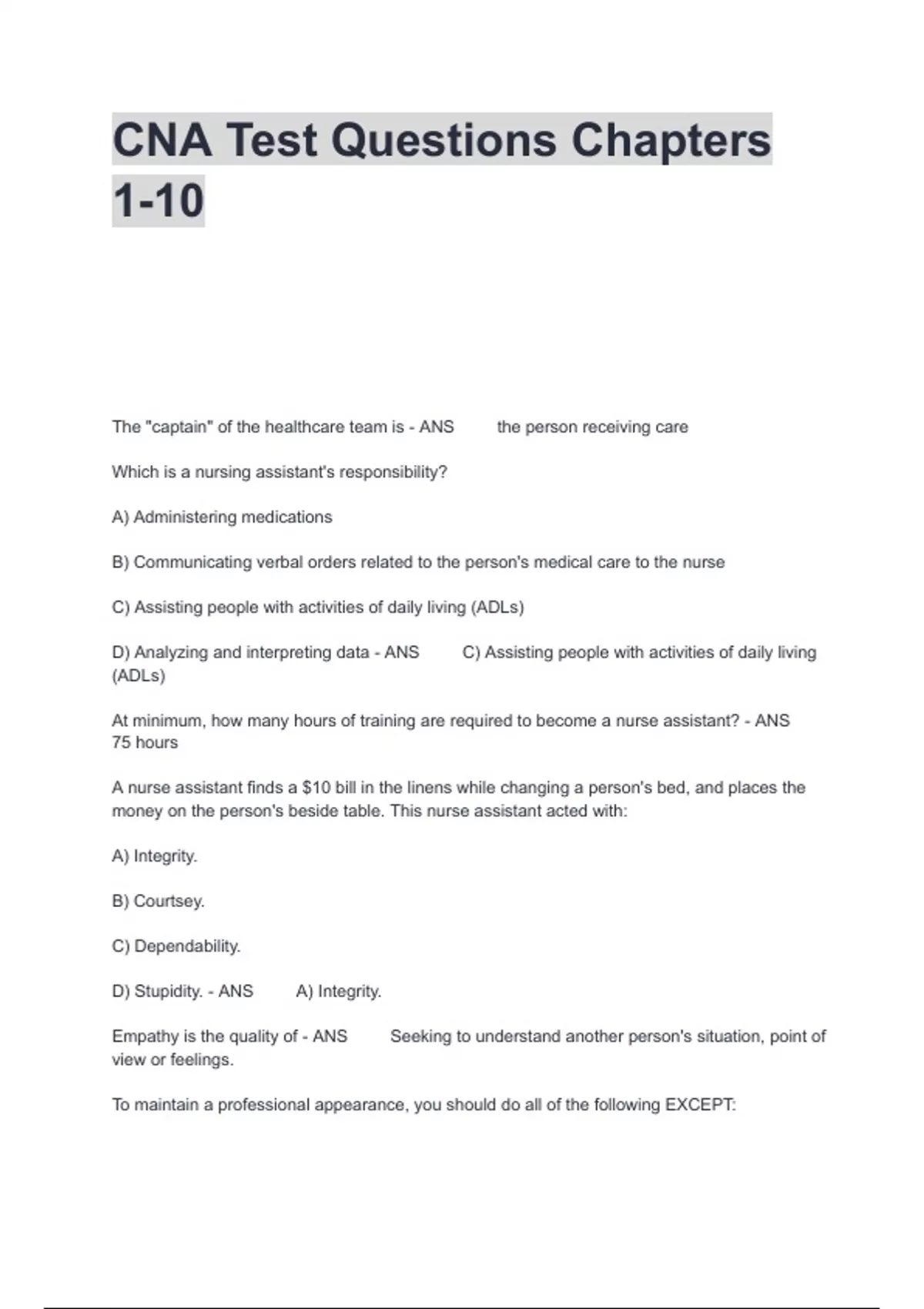 CNA Test Questions Chapters 1-10 100 % Correct Questions and Verified ...