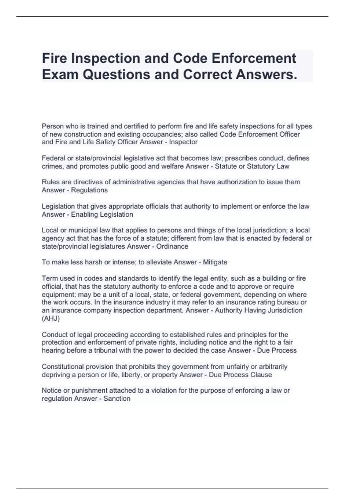 Fire Inspection and Code Enforcement Exam Questions and Correct Answers ...
