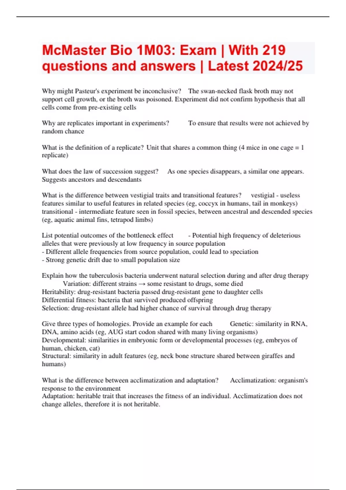 McMaster Bio 1M03: Exam | With 219 questions and answers | Latest 2024/ ...