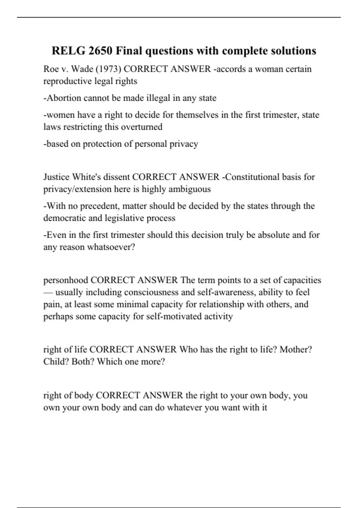 RELG 2650 Final questions with complete solutions - RELG 2650 - Stuvia US