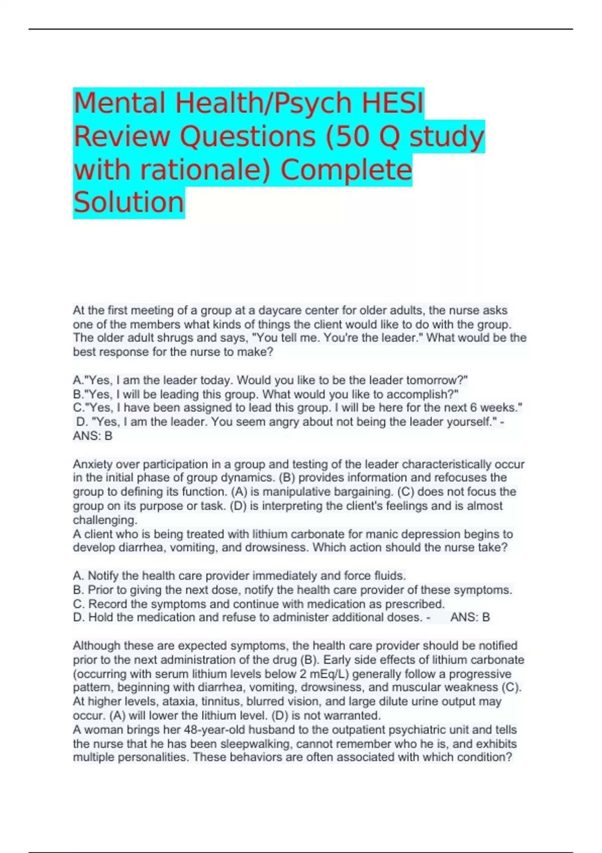 Mental Health/Psych HESI Review Questions (50 Q study with rationale ...