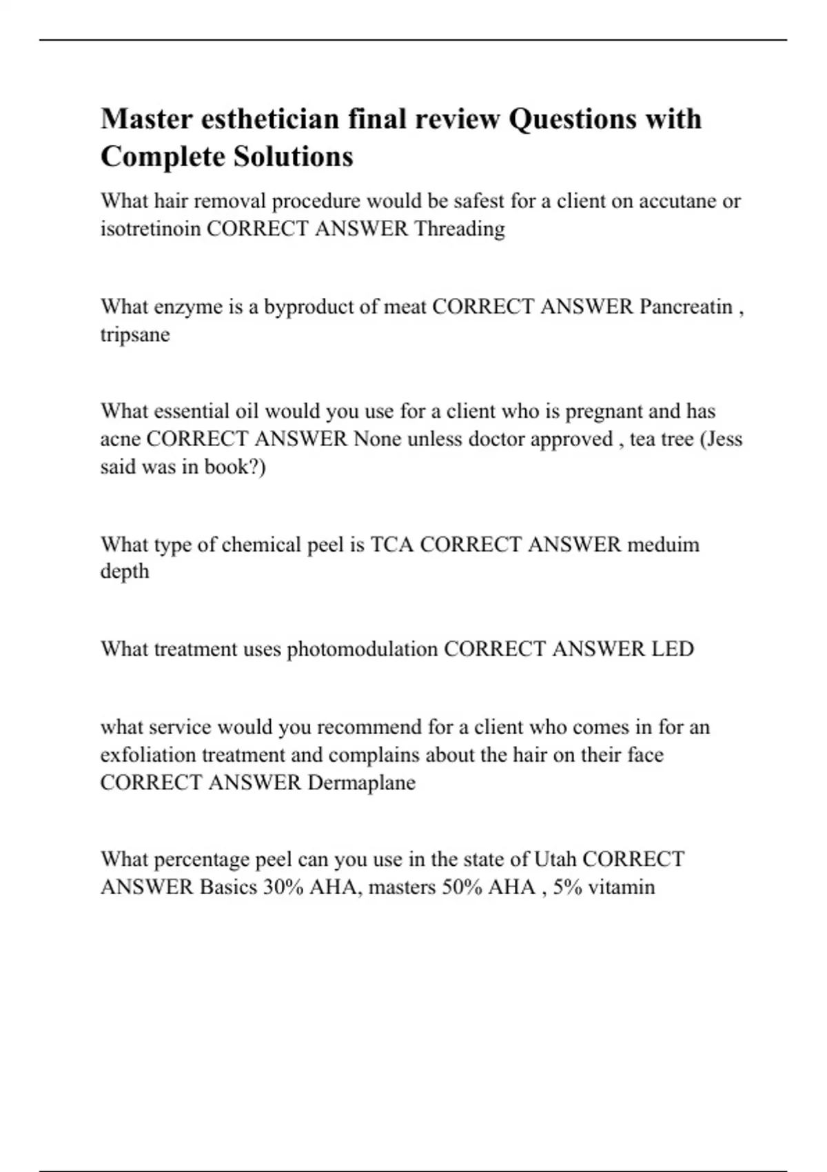 Master esthetician final review Questions with Complete Solutions ...