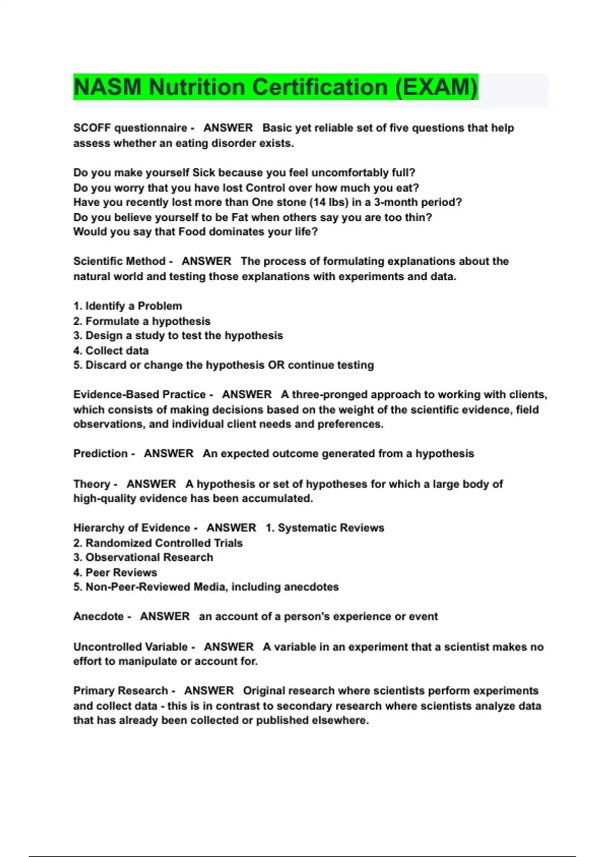 NASM Nutrition Certification (EXAM){QUESTIONS WITH ALL ANSWERS 100% ...