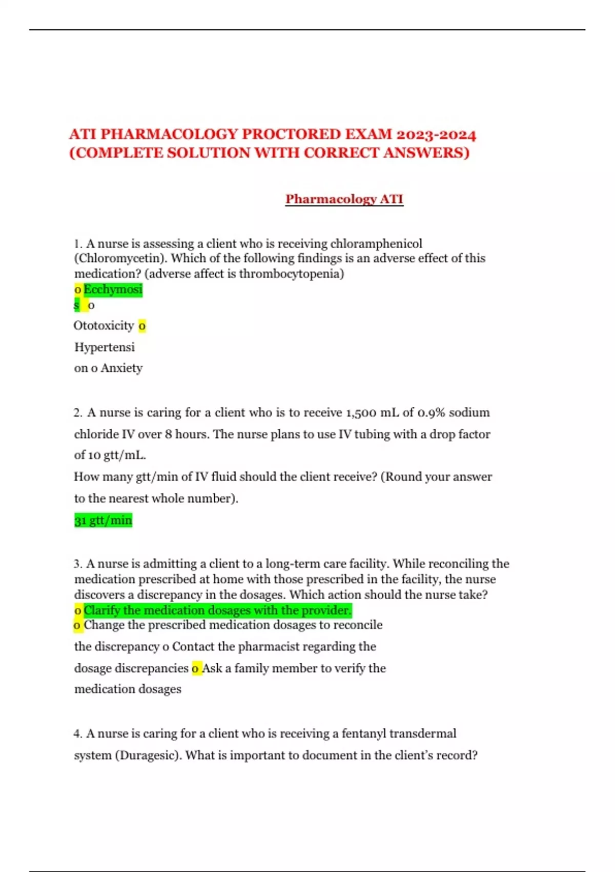 ATI PHARMACOLOGY PROCTORED EXAM (COMPLETE SOLUTION WITH CORRECT ANSWERS ...