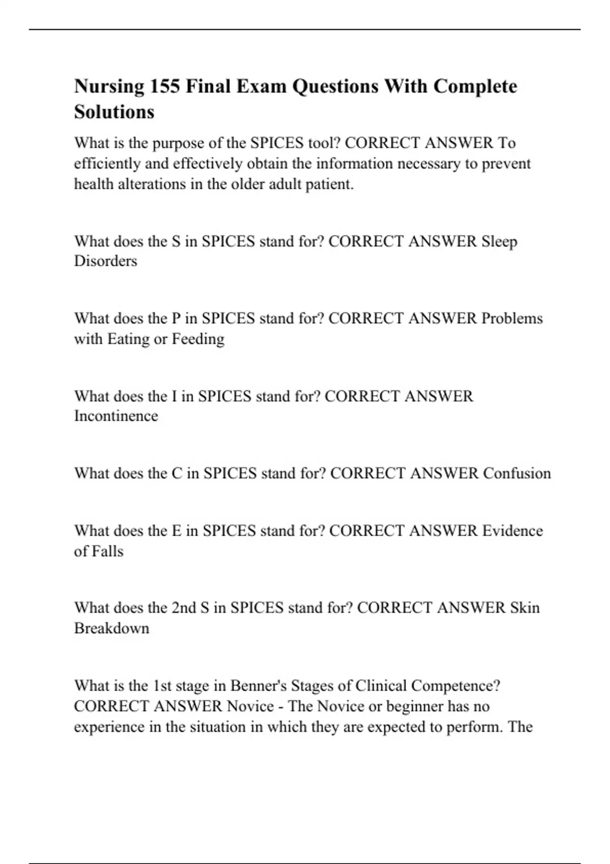 Nursing 155 Final Exam Questions With Complete Solutions - Nurs 155 - Stuvia US