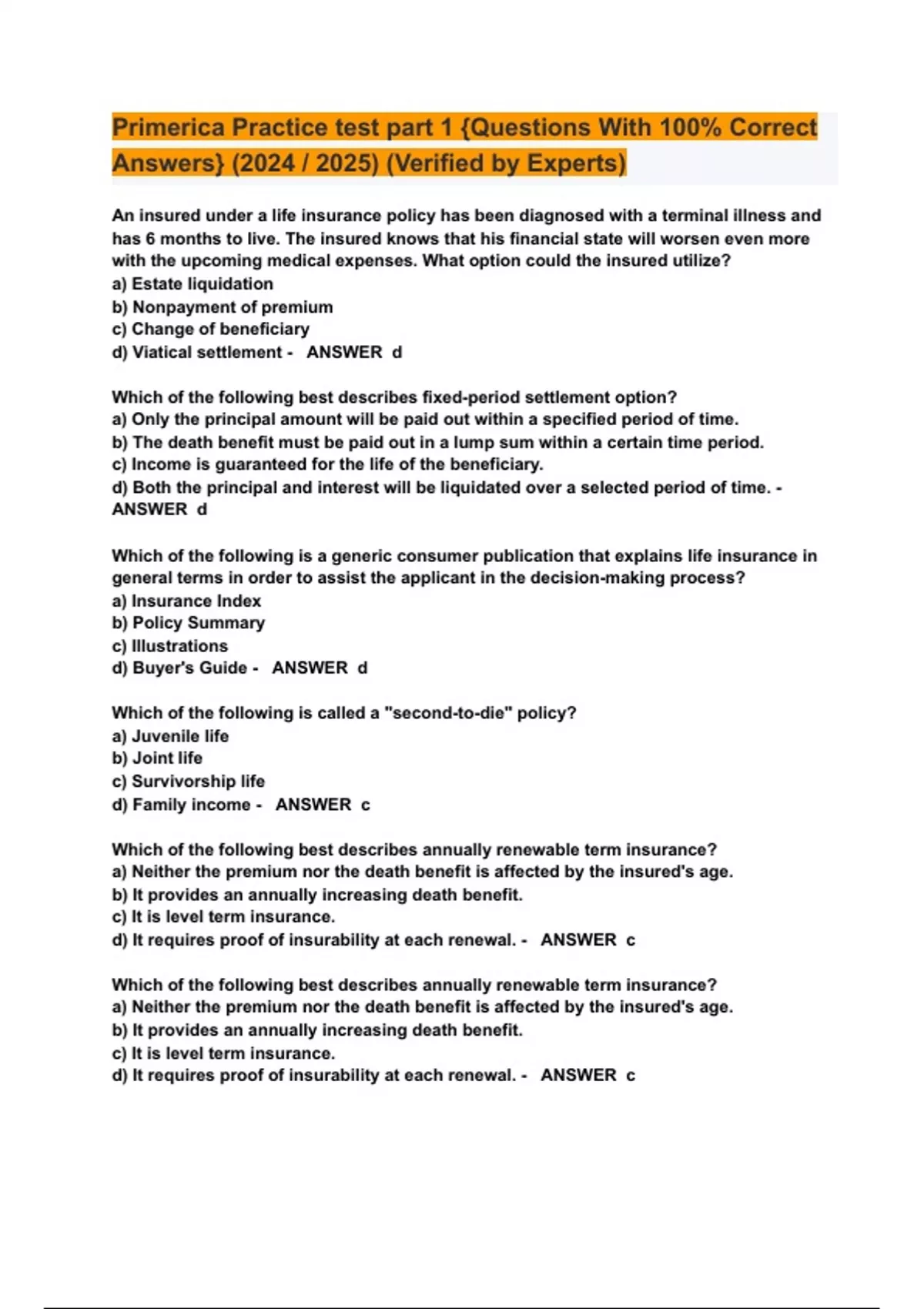 Primerica Practice test part 1 {Questions With 100% Correct Answers ...
