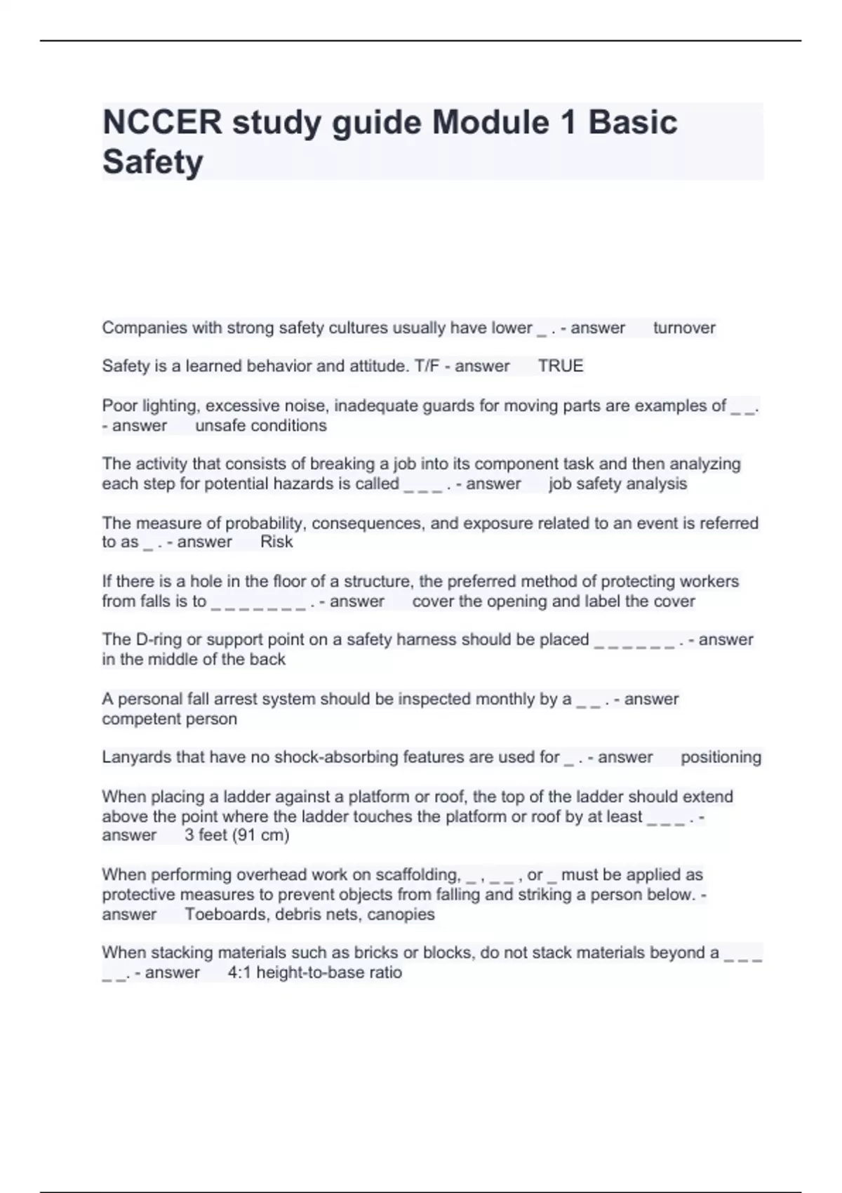 NCCER study guide Module 1 Basic Safety Questions with correct Answers ...