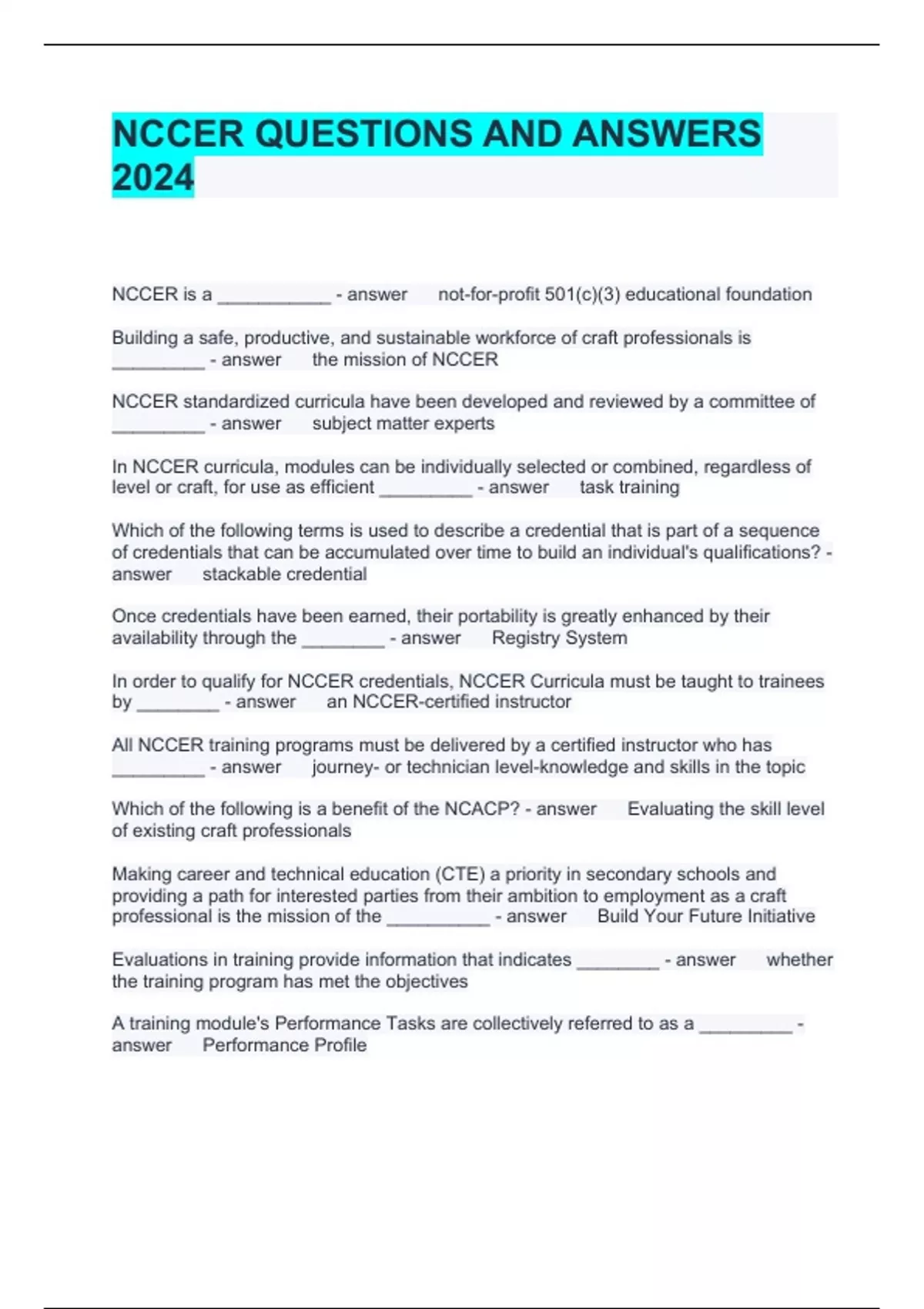NCCER QUESTIONS AND ANSWERS 2024 - NCCER - Stuvia US