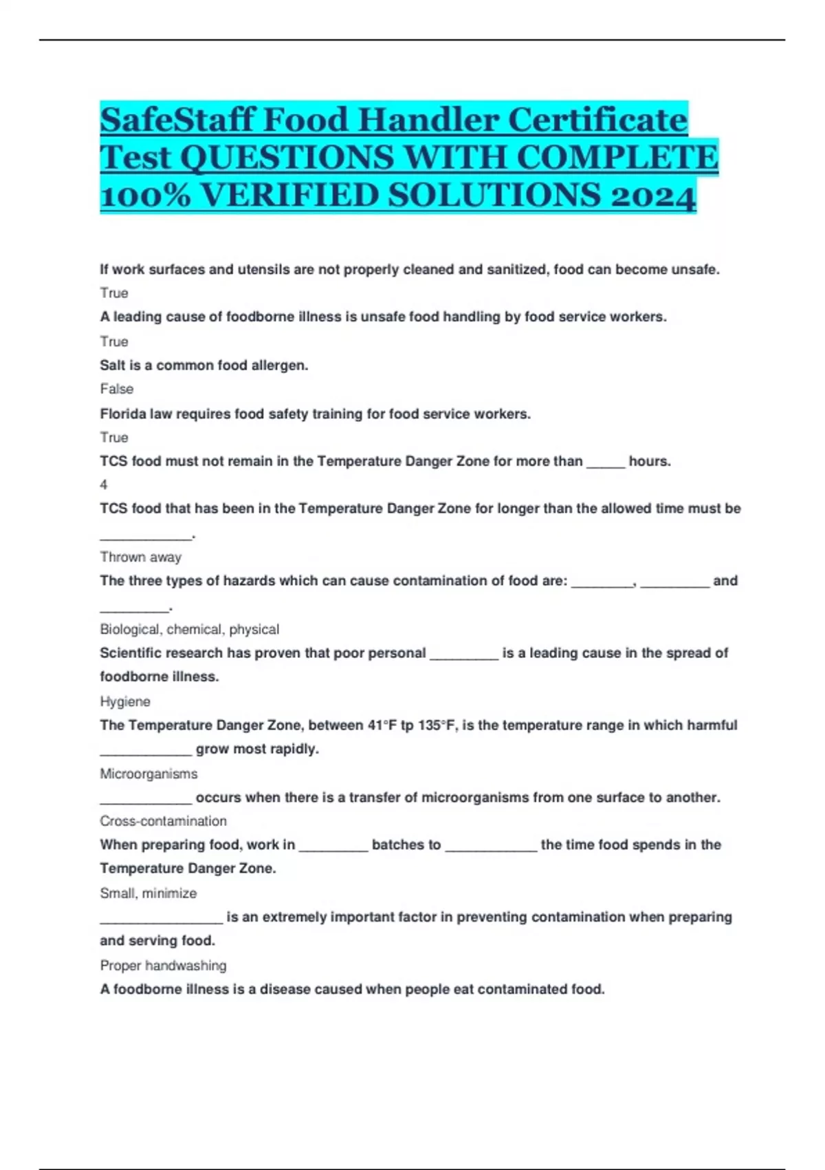 SafeStaff Food Handler Certificate Test QUESTIONS WITH COMPLETE 100% ...