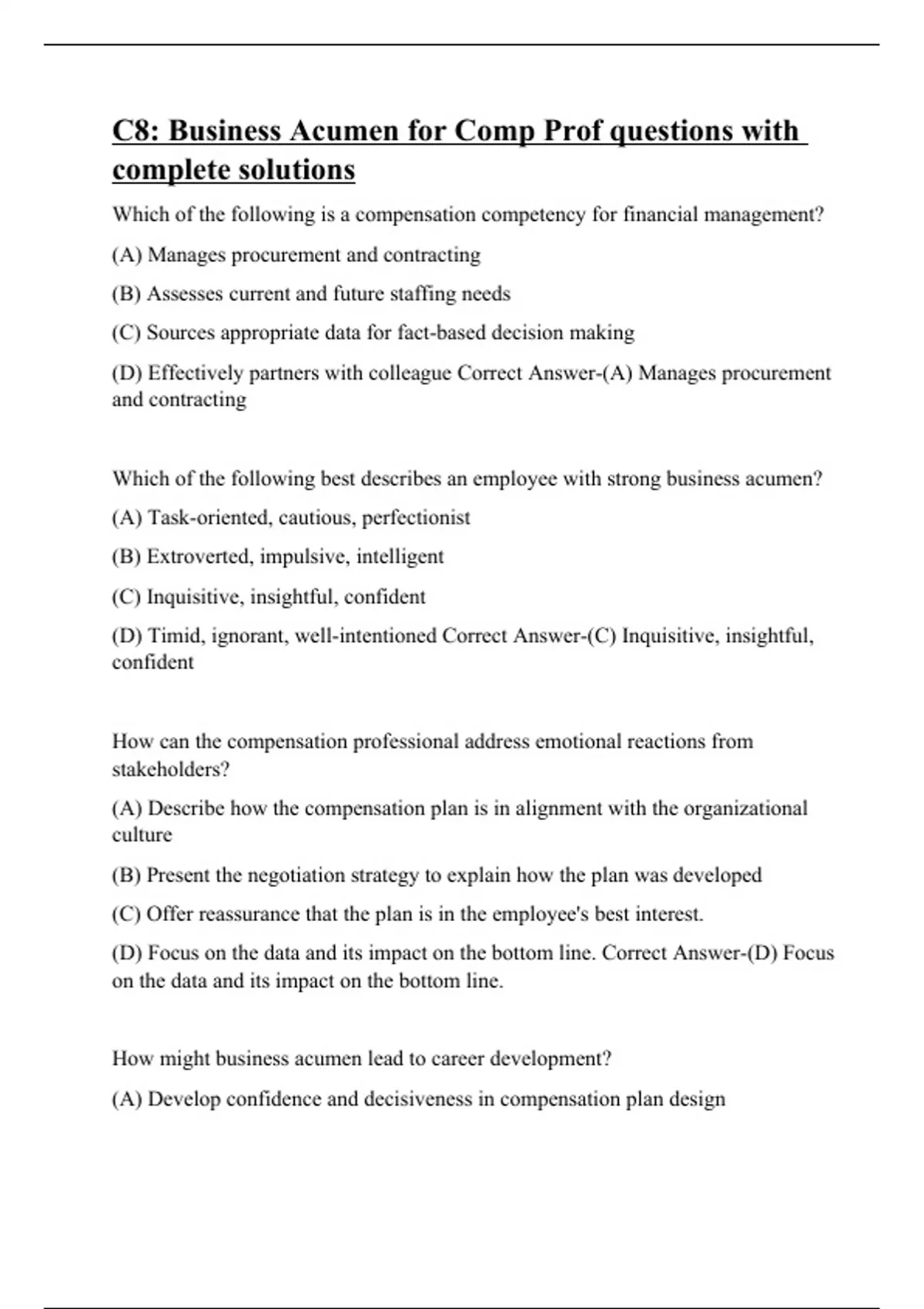 C8: Business Acumen for Comp Prof questions with complete solutions ...