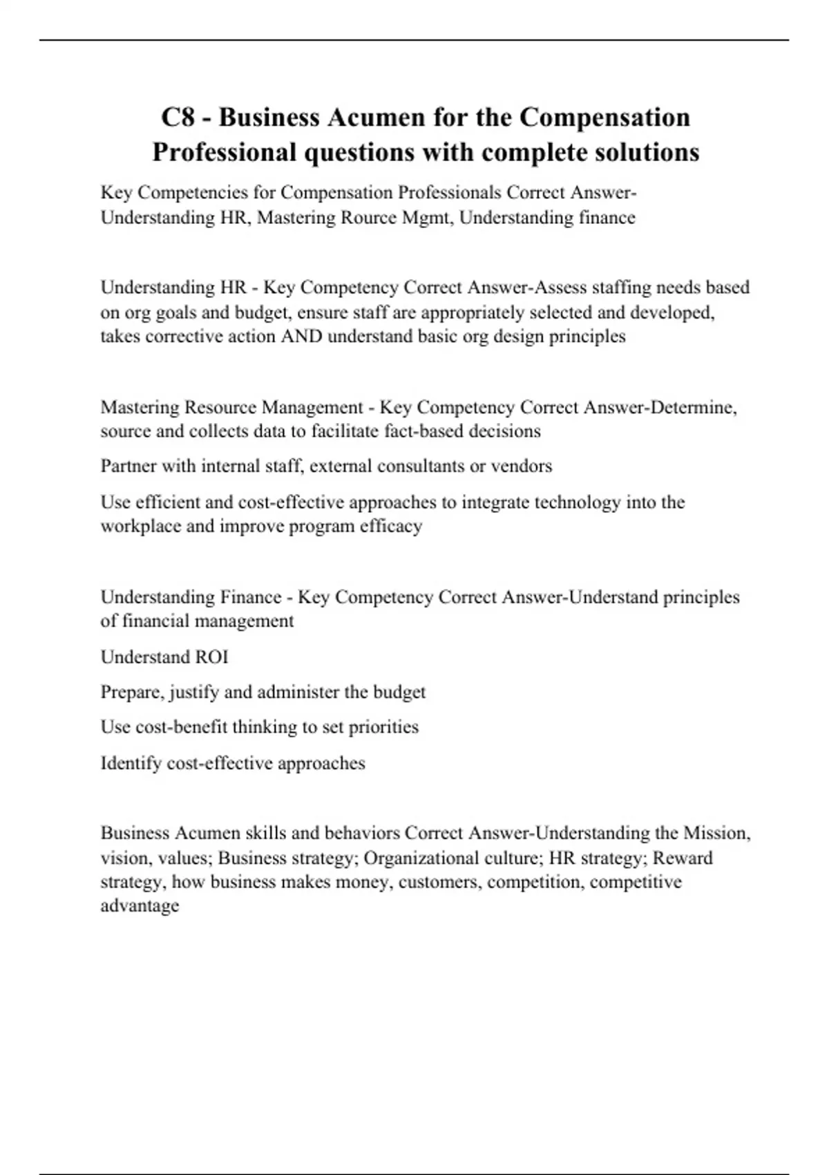 C8 - Business Acumen for the Compensation Professional questions with ...