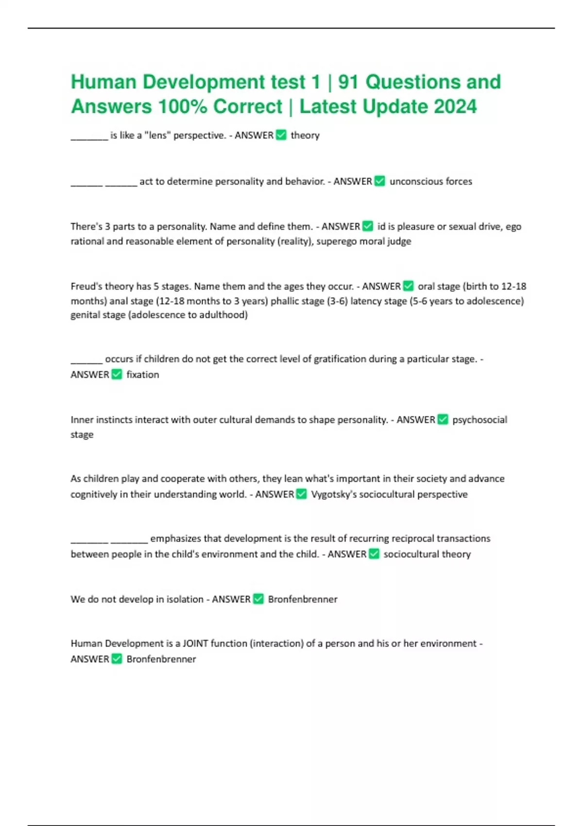 Human Development test 1 | 91 Questions and Answers 100% Correct ...