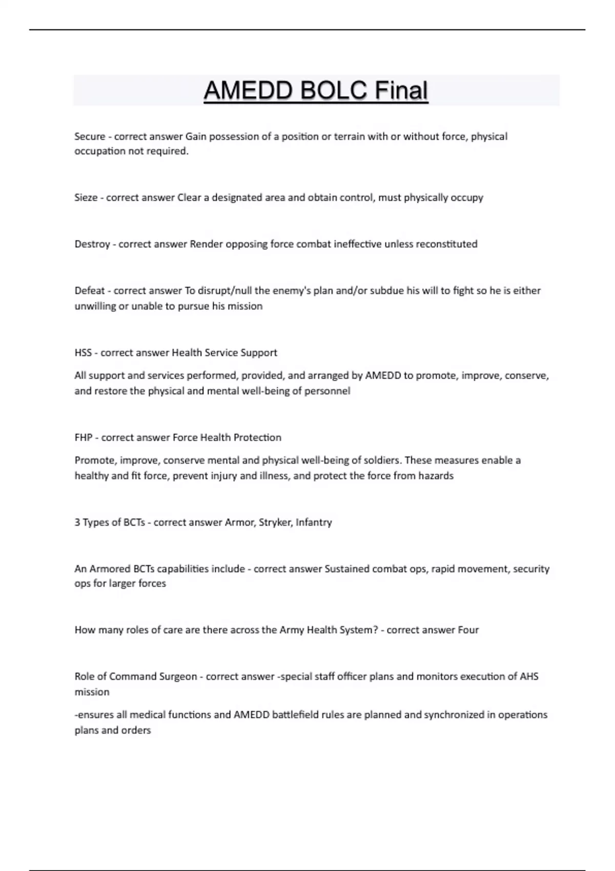 AMEDD BOLC Final Questions and answers latest update 2024 - AMEDD BOLC ...