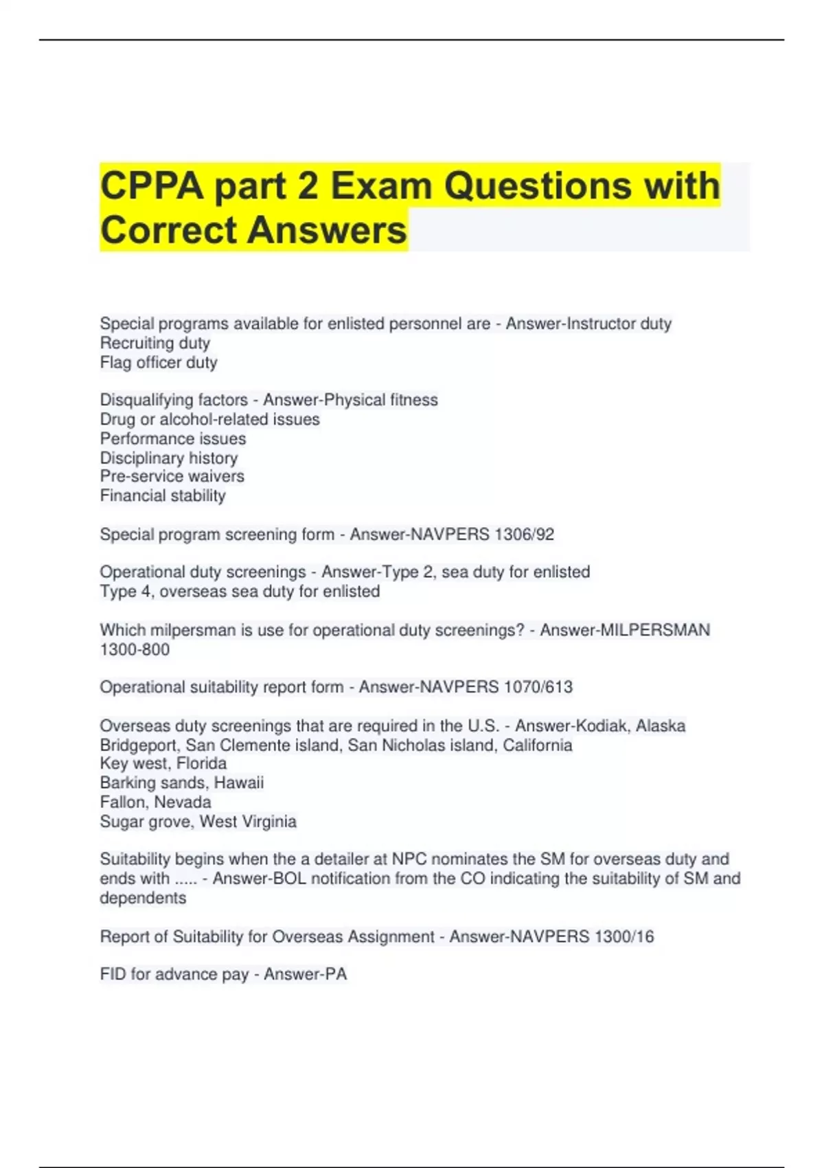 CPPA part 2 Exam Questions with Correct Answers - CPPA - Stuvia US