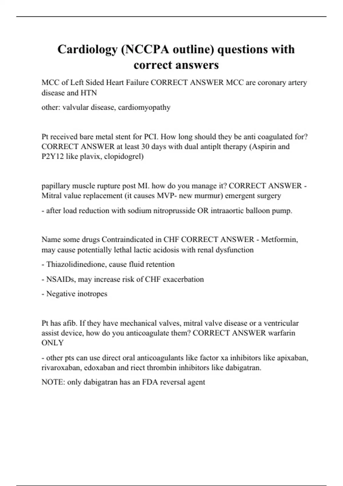 Cardiology (NCCPA outline) questions with correct answers - NURS 3210 ...