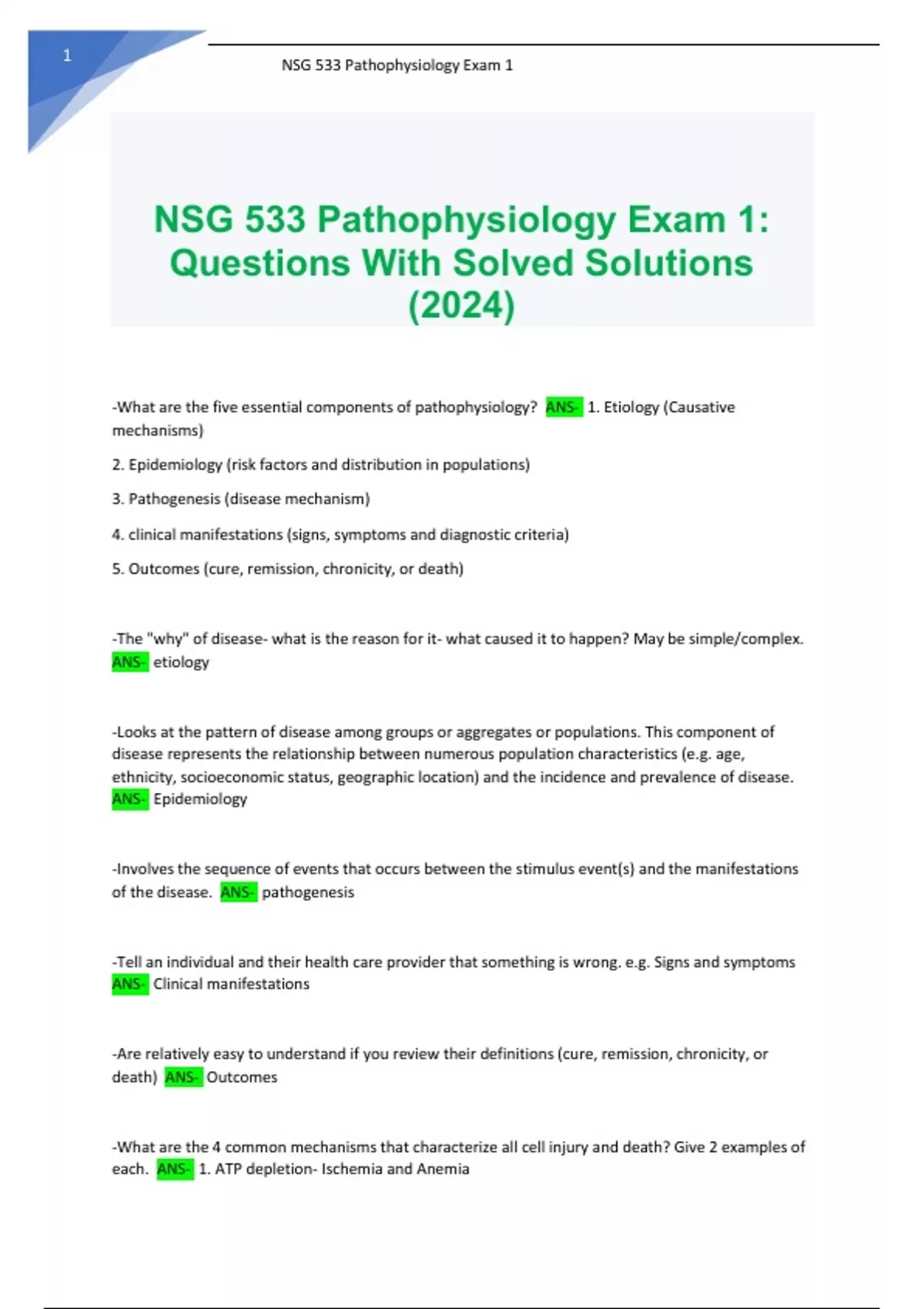 NSG 533 Pathophysiology Exam 1: Questions With Solved Solutions (2024) - NSG 533 Pathophysiology ...