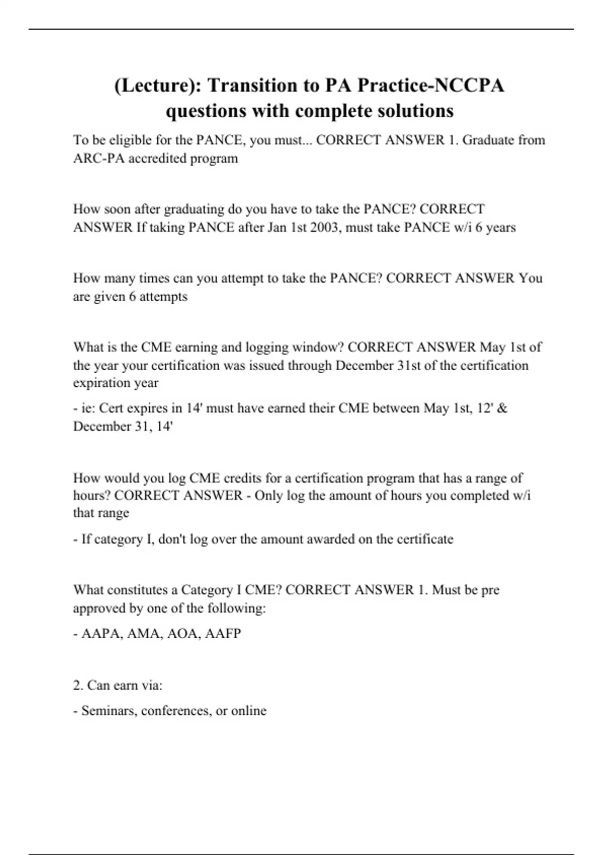 (Lecture): Transition to PA Practice-NCCPA questions with complete ...