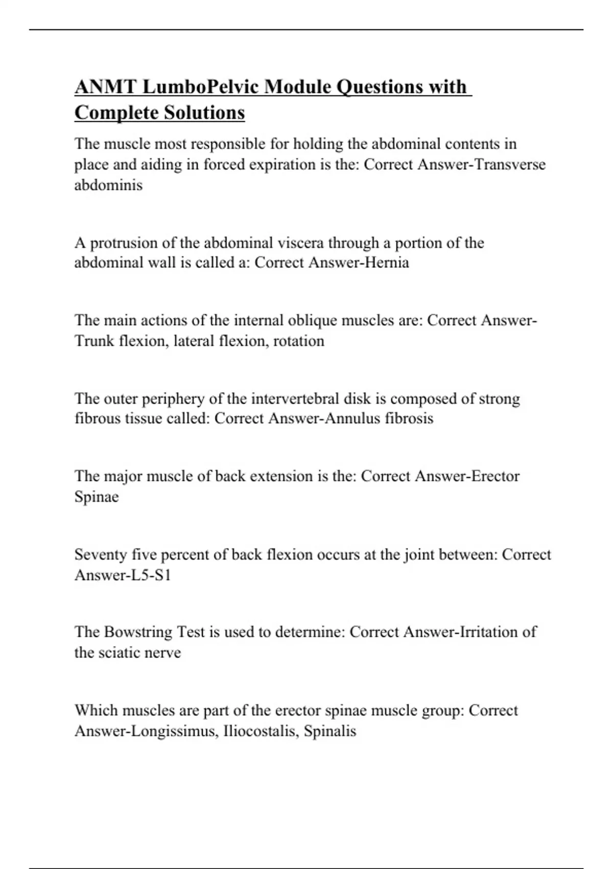 ANMT LumboPelvic Module Questions with Complete Solutions - LumboPelvic - Stuvia US