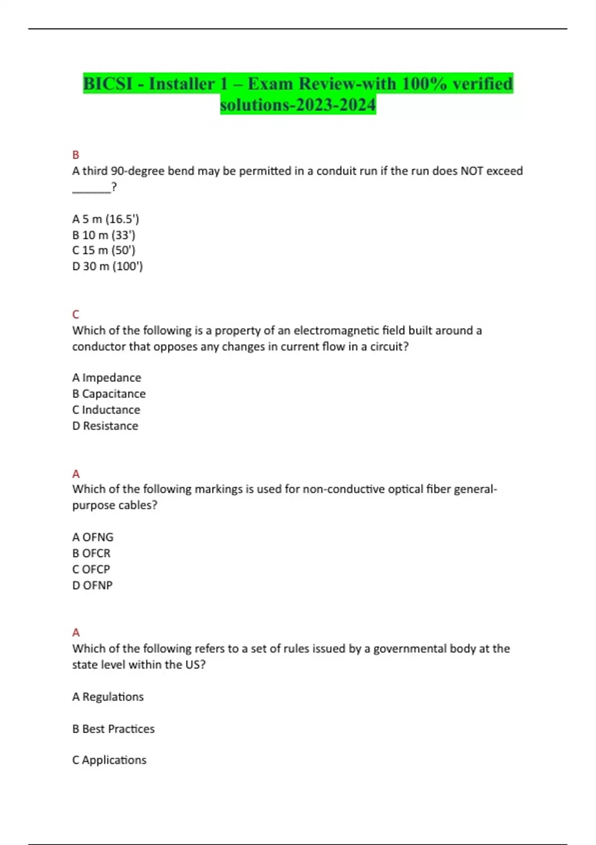 BICSI - Installer 1 – Exam Review-with 100% verified solutions- - BICSI ...
