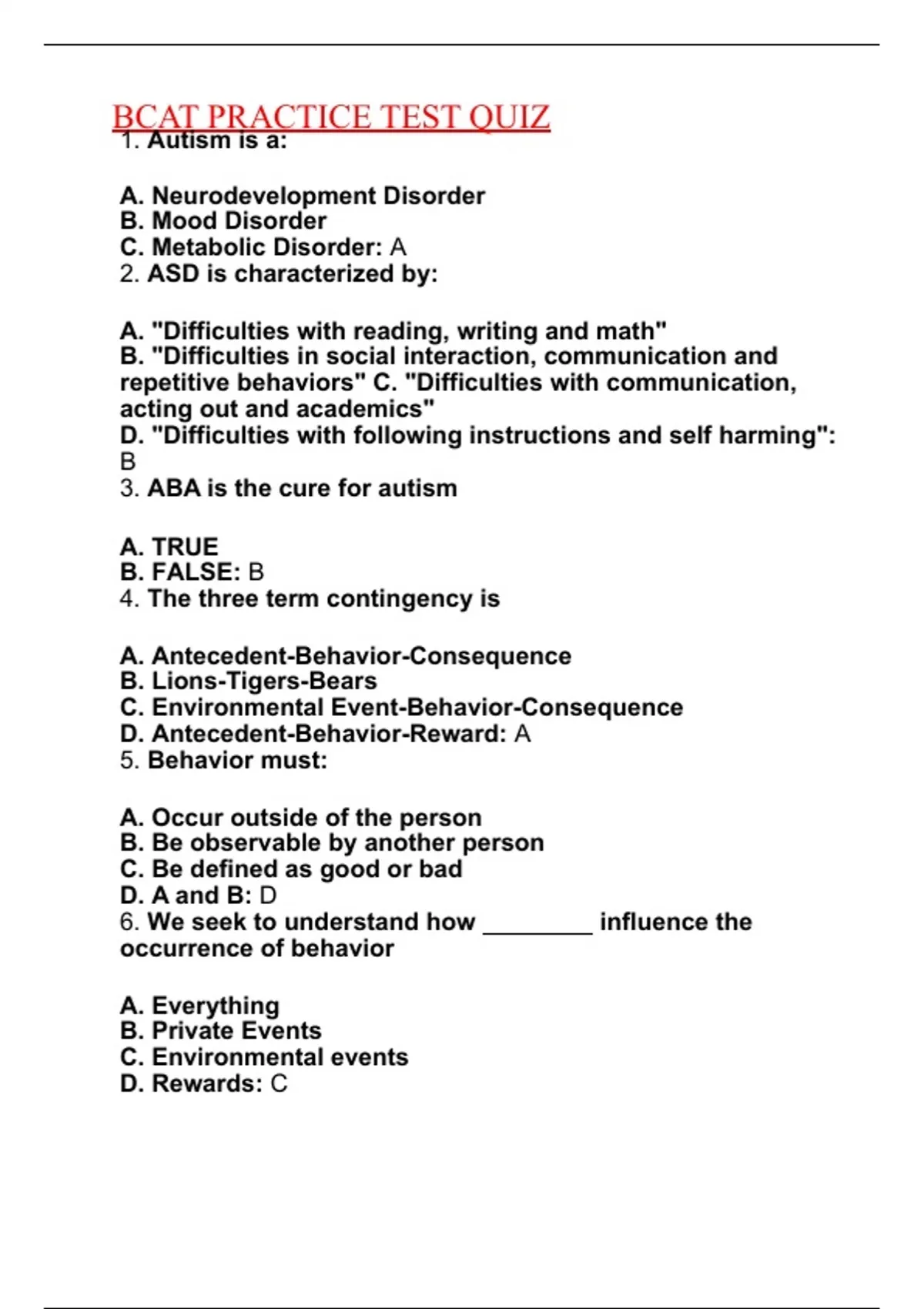 BCAT PRACTICE QUIZ Questions and Answers - BCAT - Stuvia US
