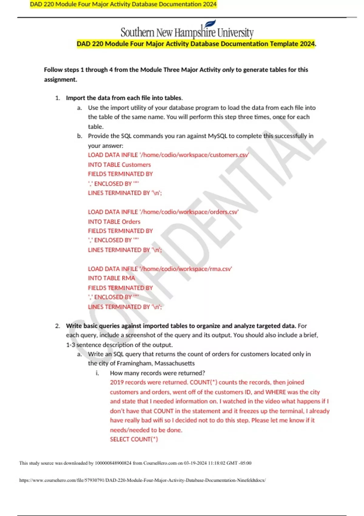 DAD 220 Module Four Major Activity Database Documentation Template 2024 - DAD 220 - Stuvia US