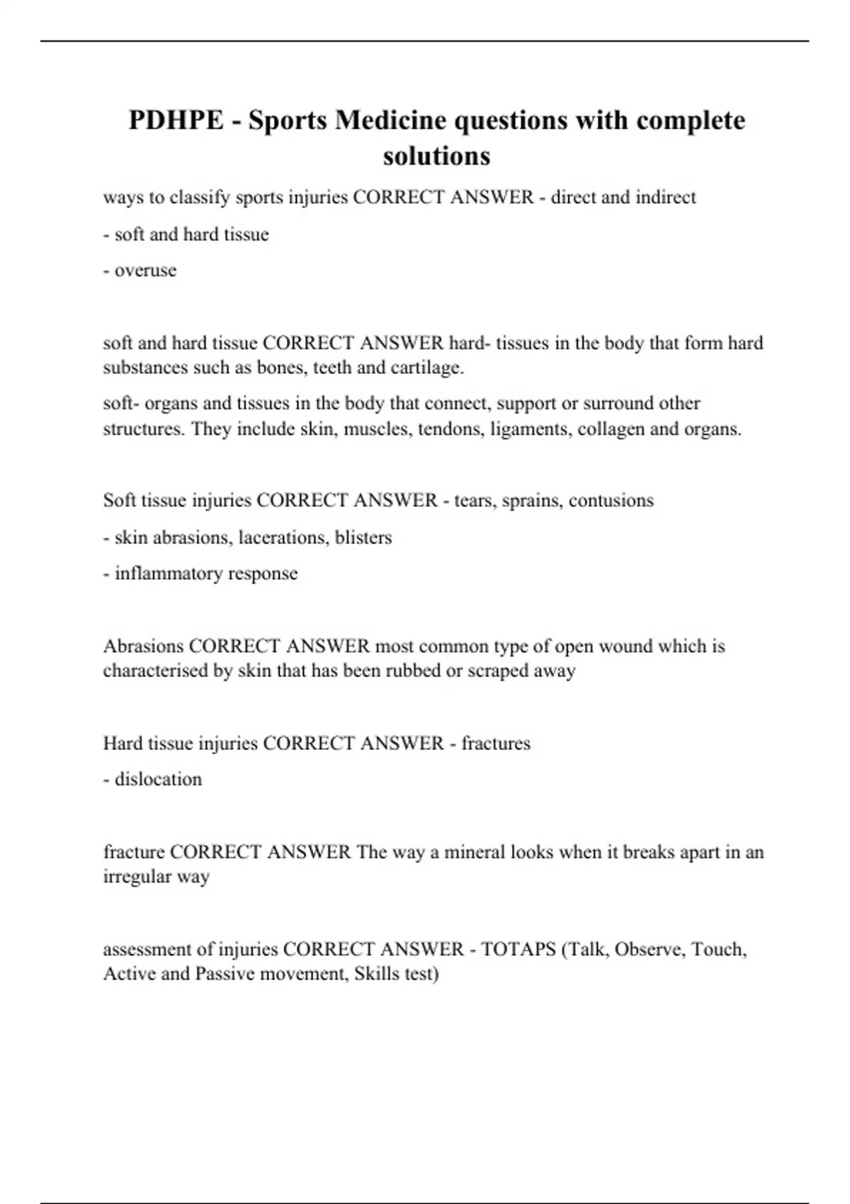 PDHPE - Sports Medicine questions with complete solutions - PDHPE ...