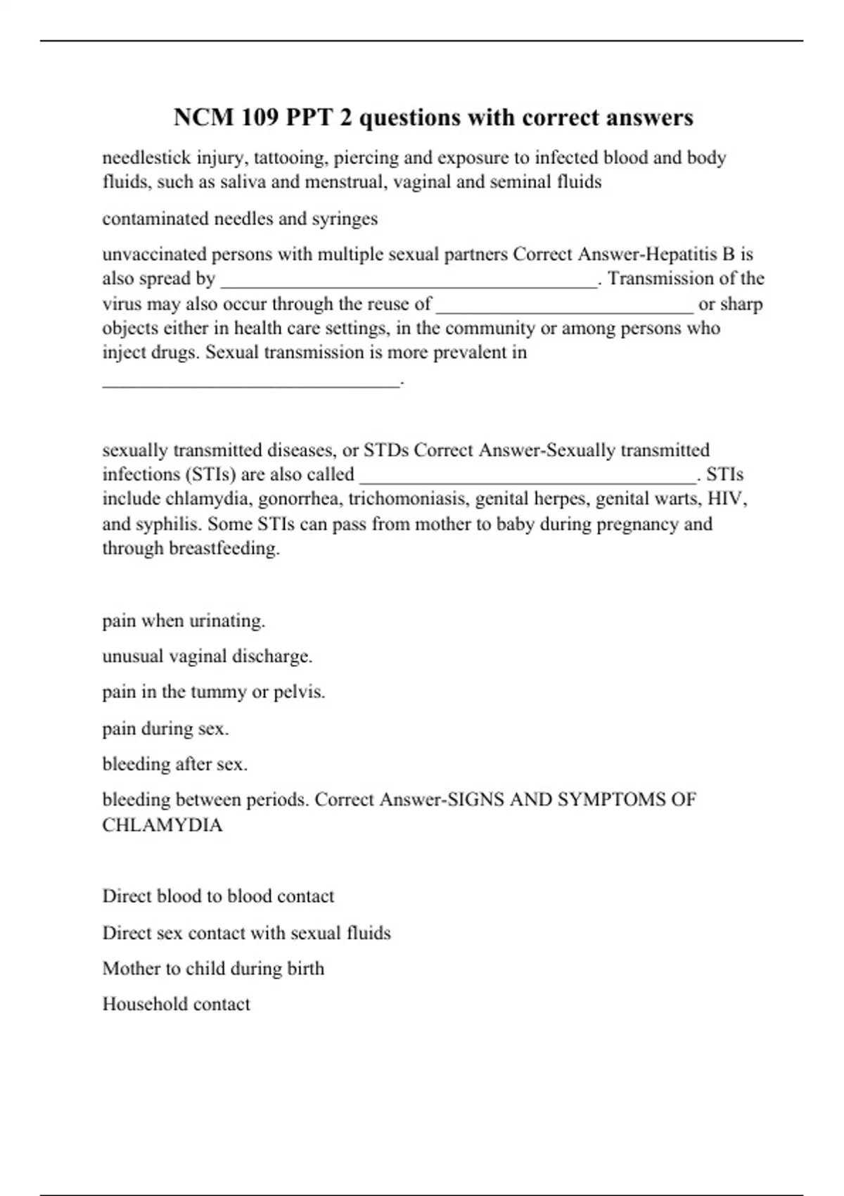 NCM 109 PPT 2 questions with correct answers - NCM - Stuvia US