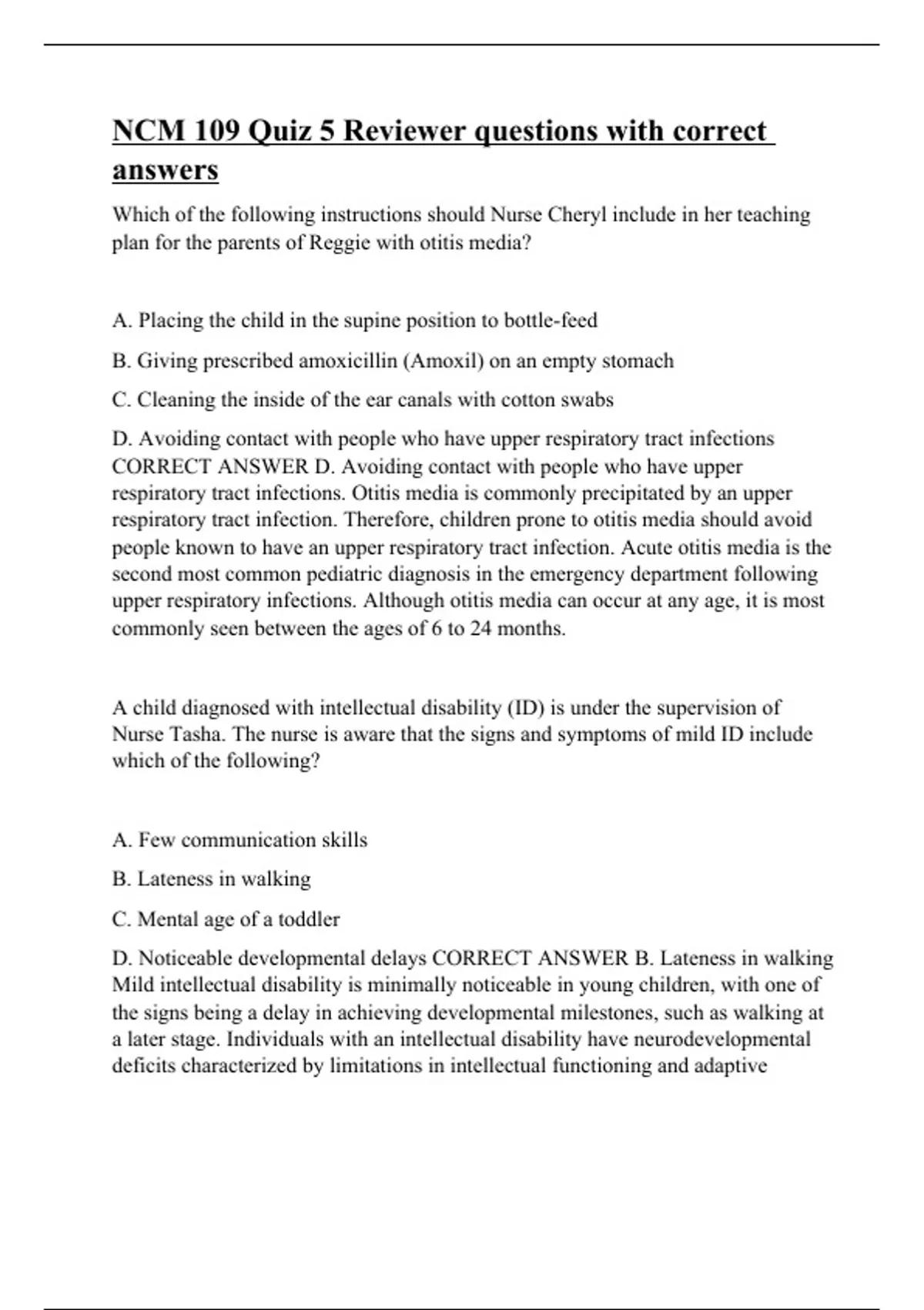 NCM 109 Quiz 5 Reviewer questions with correct answers - NCM - Stuvia US