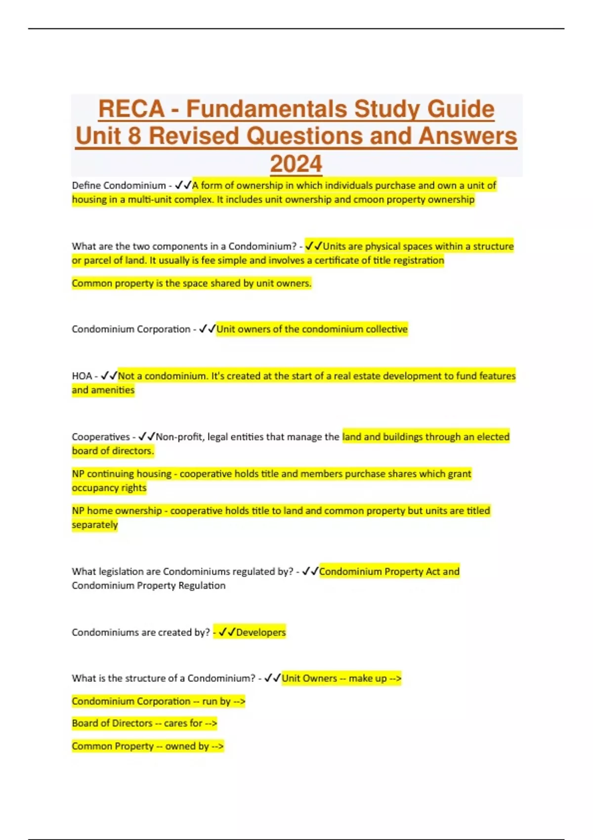RECA - Fundamentals Study Guide Unit 8 Revised Questions and Answers ...