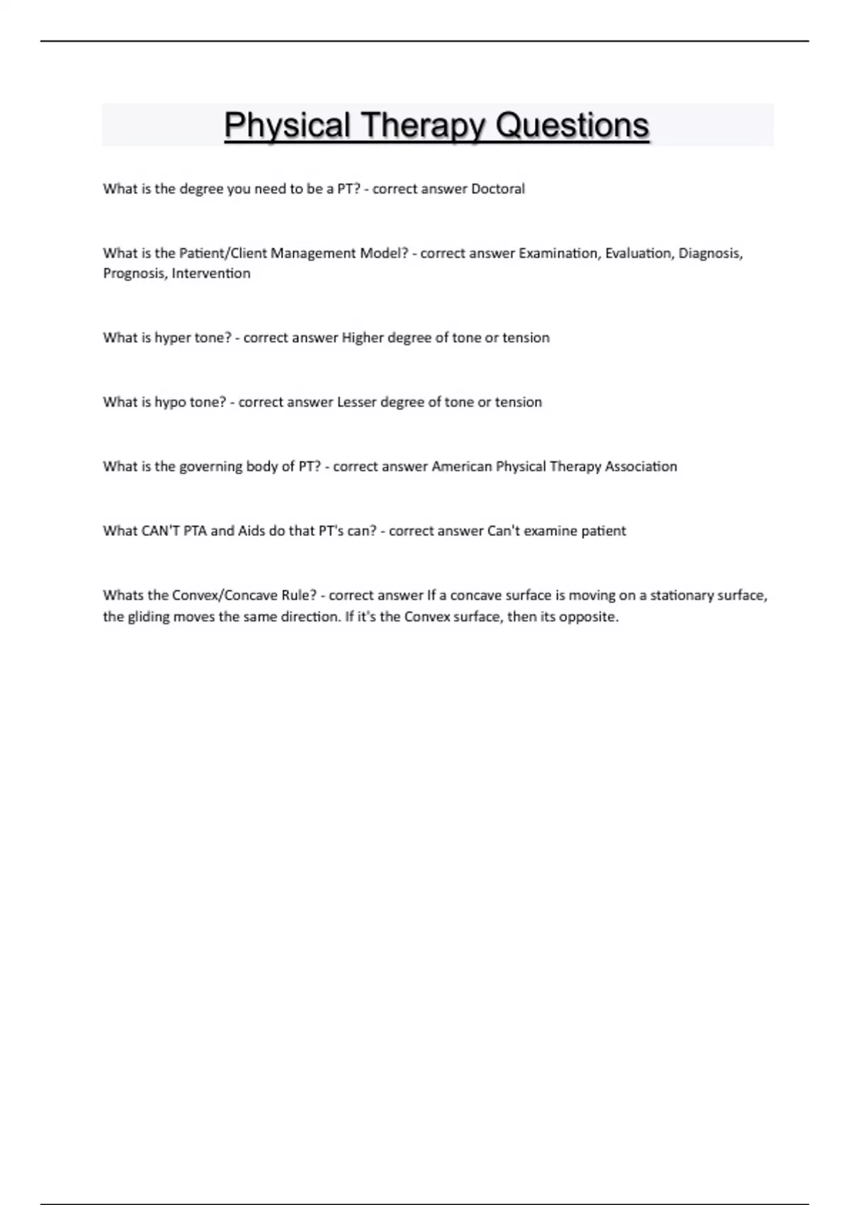 Physical Therapy Questions and answers latest update 2024 - Physical ...