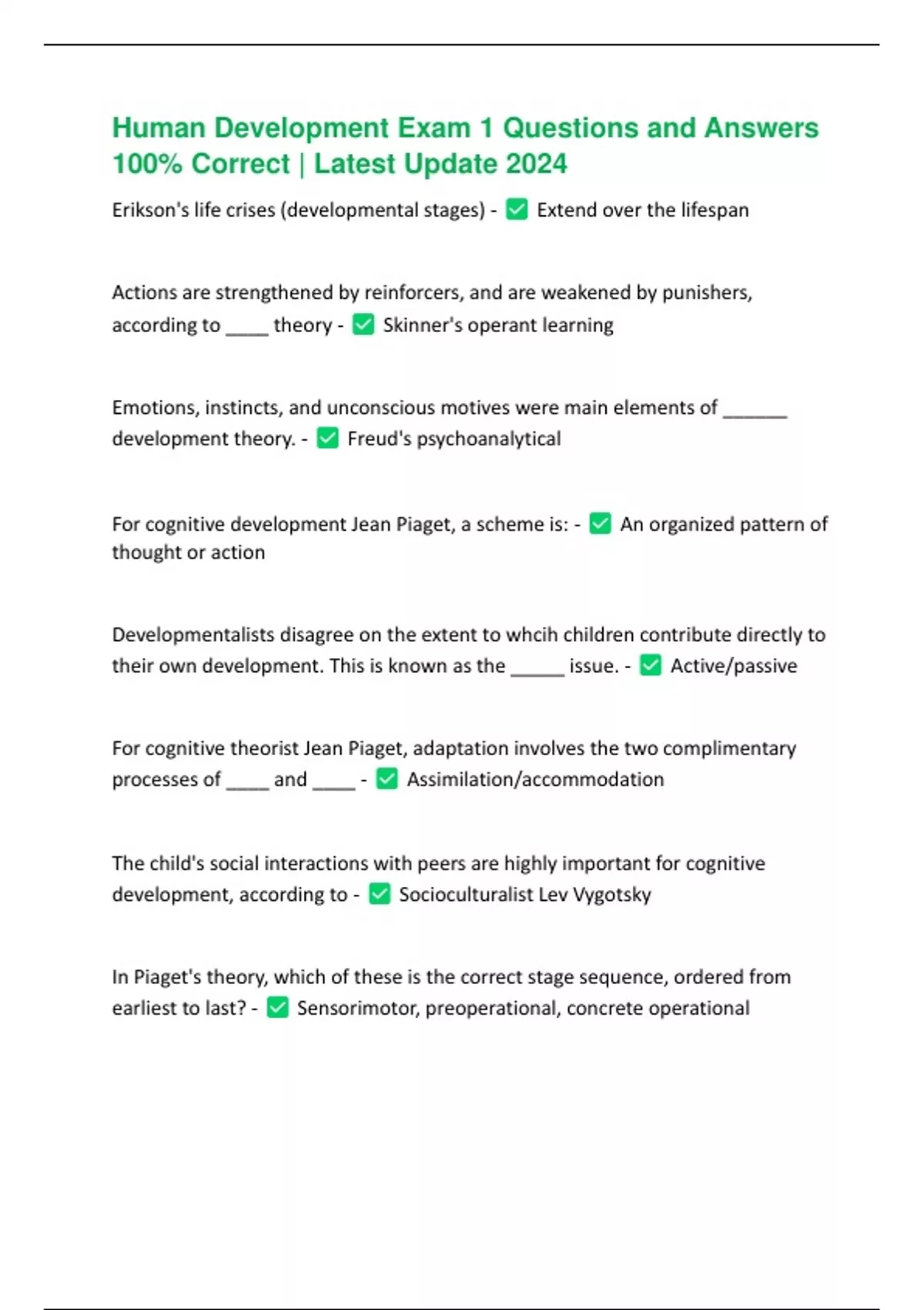 Human Development Exam 1 Questions and Answers 100% Correct | Latest ...