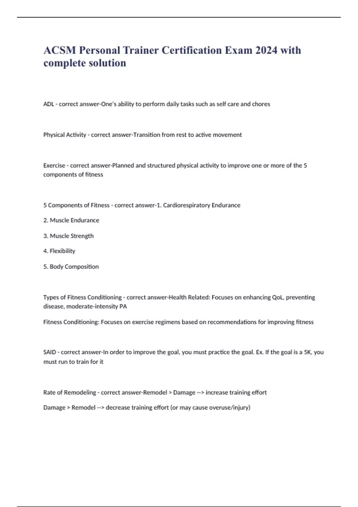 ACSM Personal Trainer Certification Exam 2024 with complete solution ...