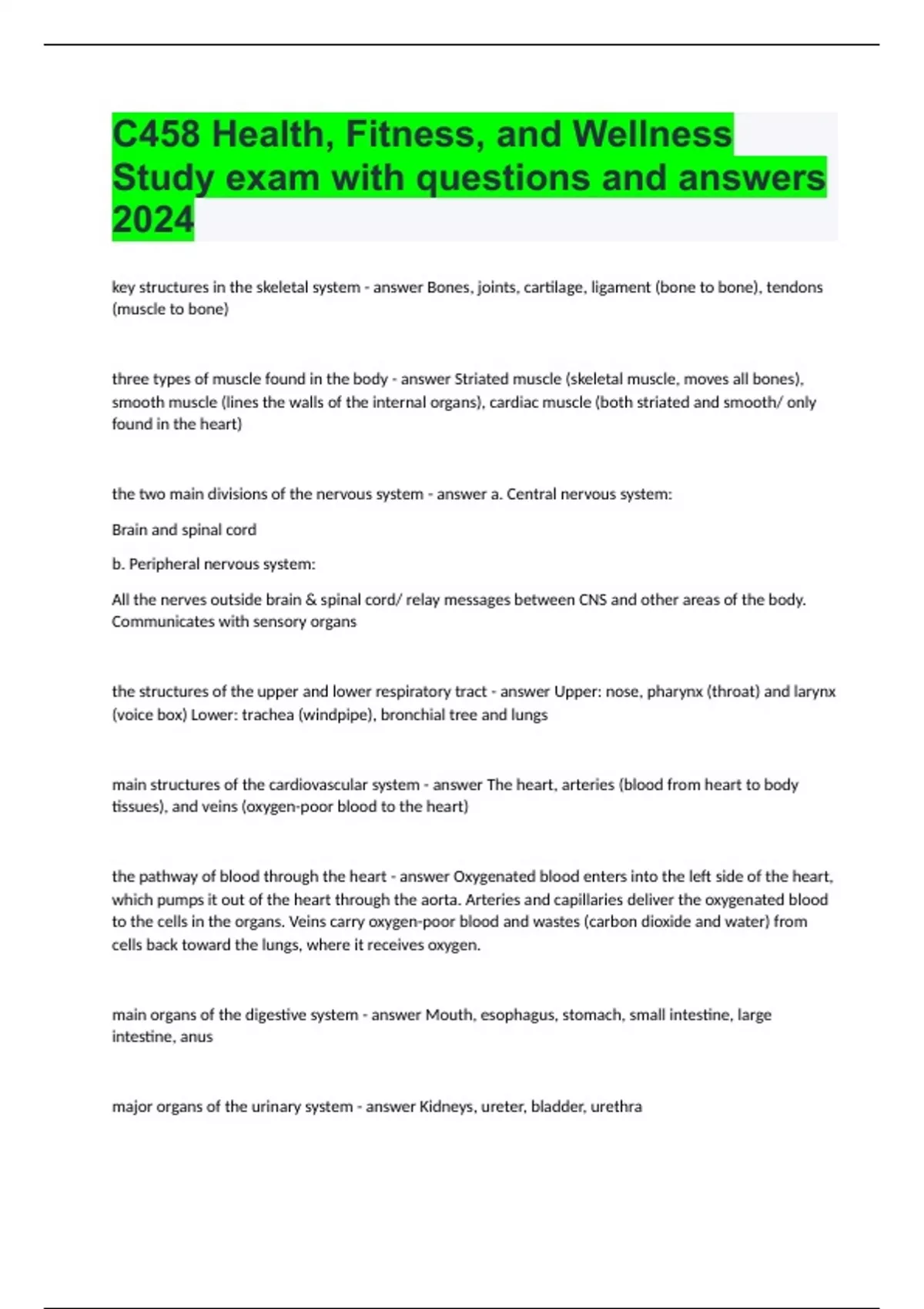 C458 Health, Fitness, and Wellness Study exam with questions and answers 2024. - Wgu - Stuvia US