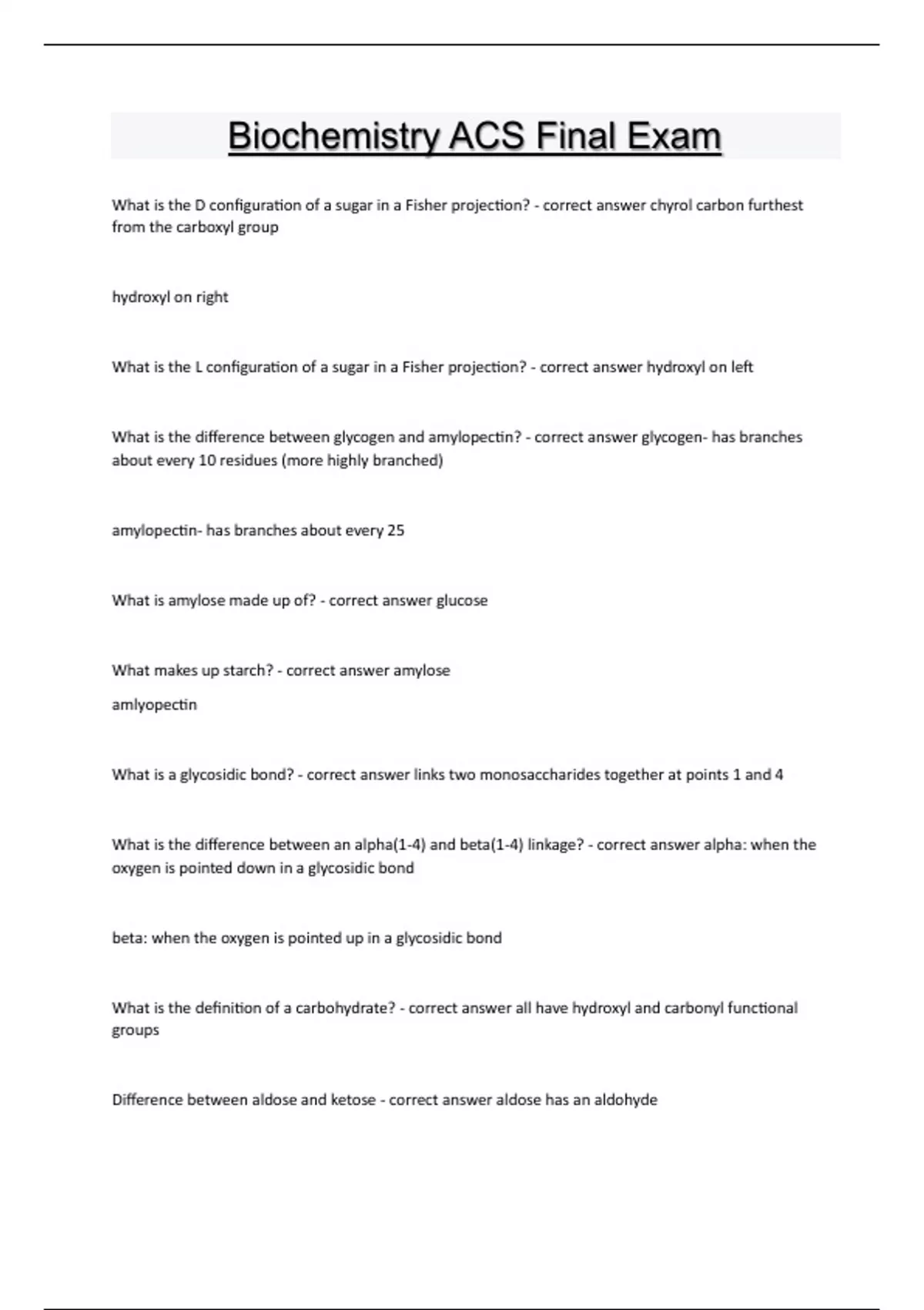 Biochemistry ACS Final Exam Questions and answers latest update 2024 ...