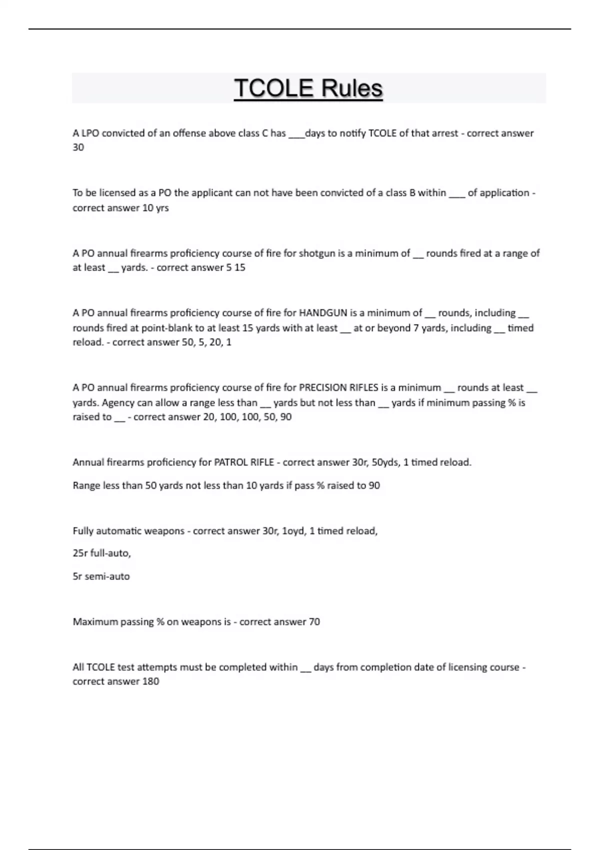 TCOLE Rules Questions and answers latest update 2024 - Tcole - Stuvia US