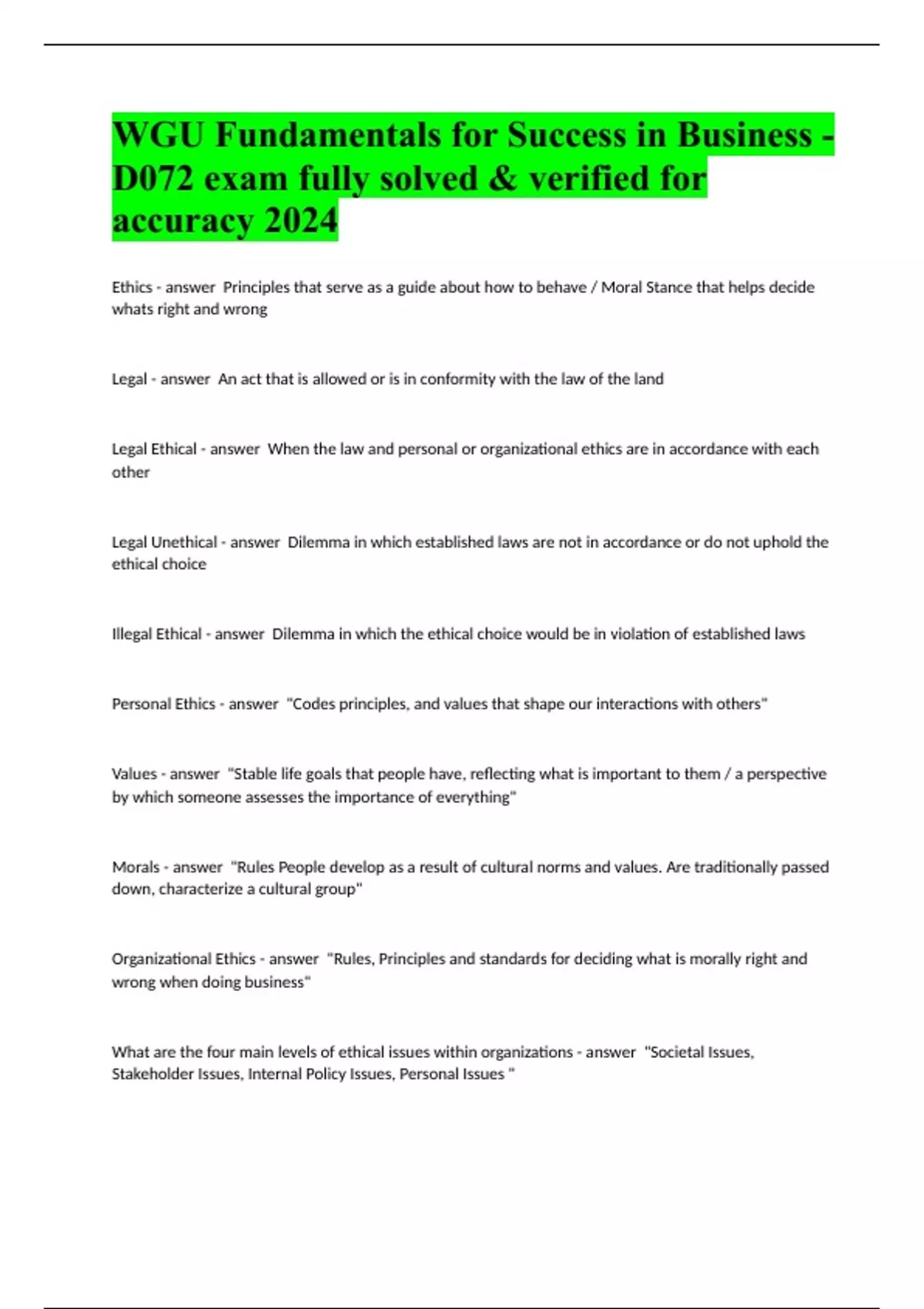 WGU Fundamentals for Success in Business - D072 exam fully solved ...