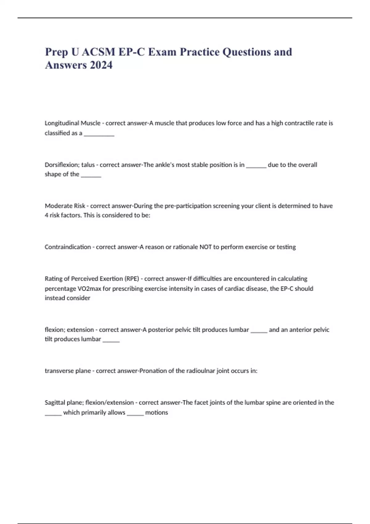 Prep U ACSM EP-C Exam Practice Questions and Answers 2024 - ACSM ...