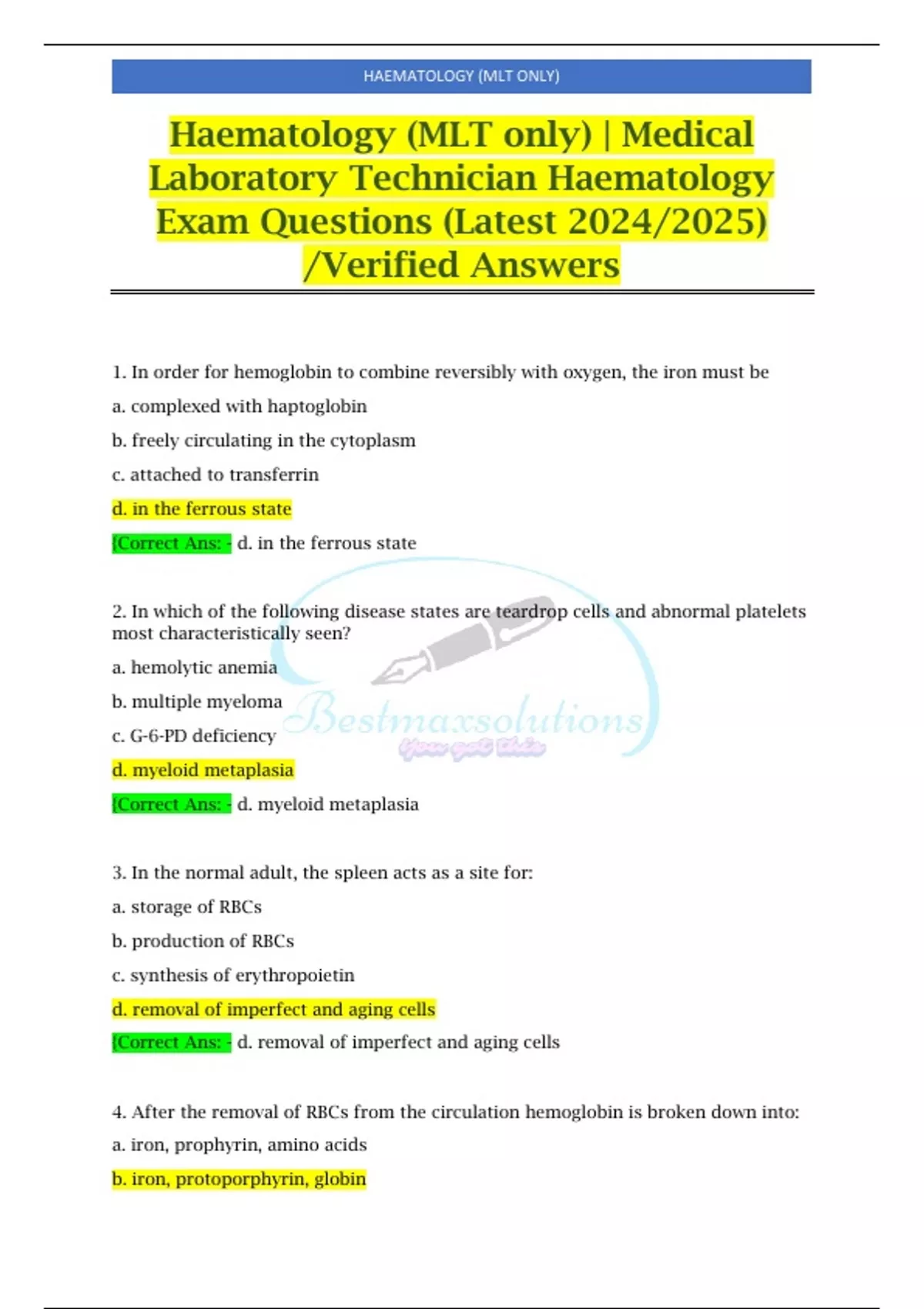 Haematology (MLT only) | Medical Laboratory Technician Haematology Exam ...