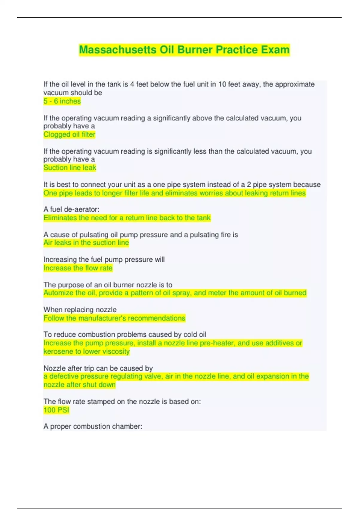 Massachusetts Oil Burner Practice Exam - Complete Solutions (Answered ...