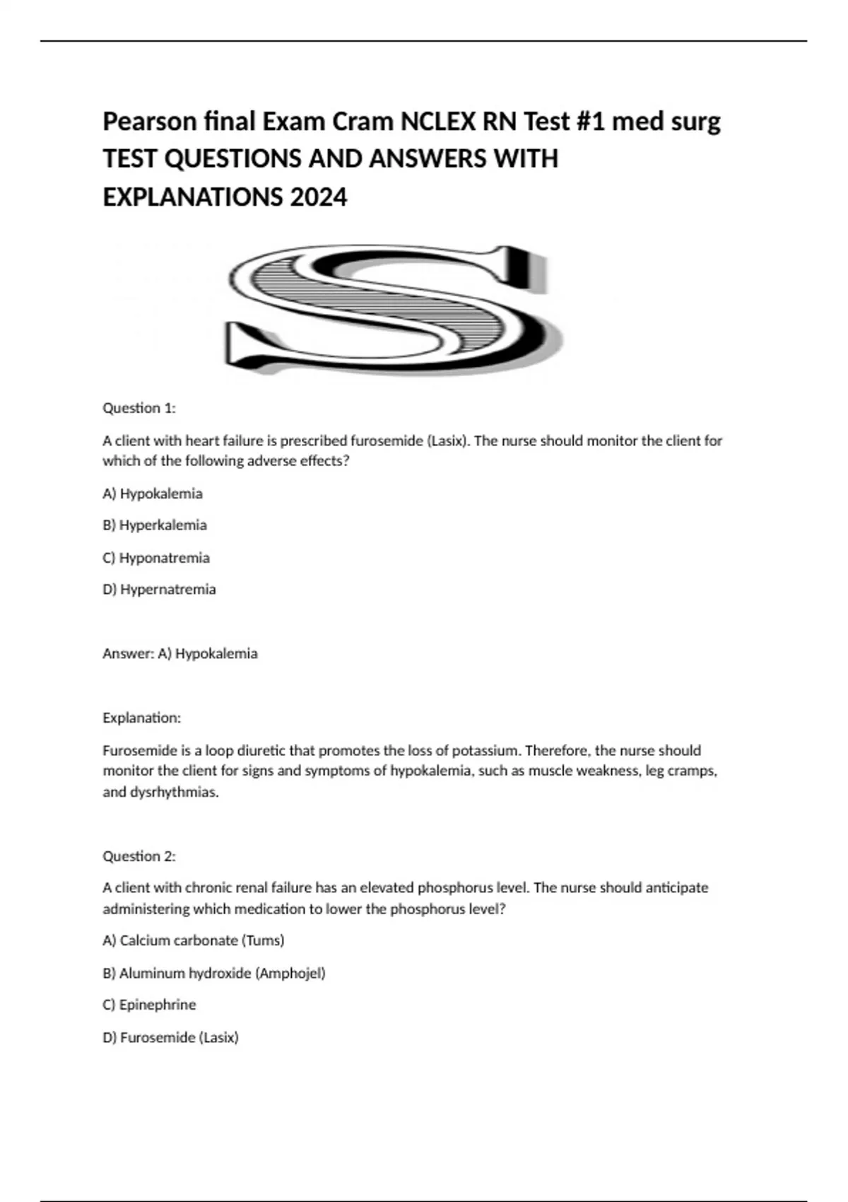 Pearson final Exam Cram NCLEX RN Test #1 med surg TEST QUESTIONS AND ...