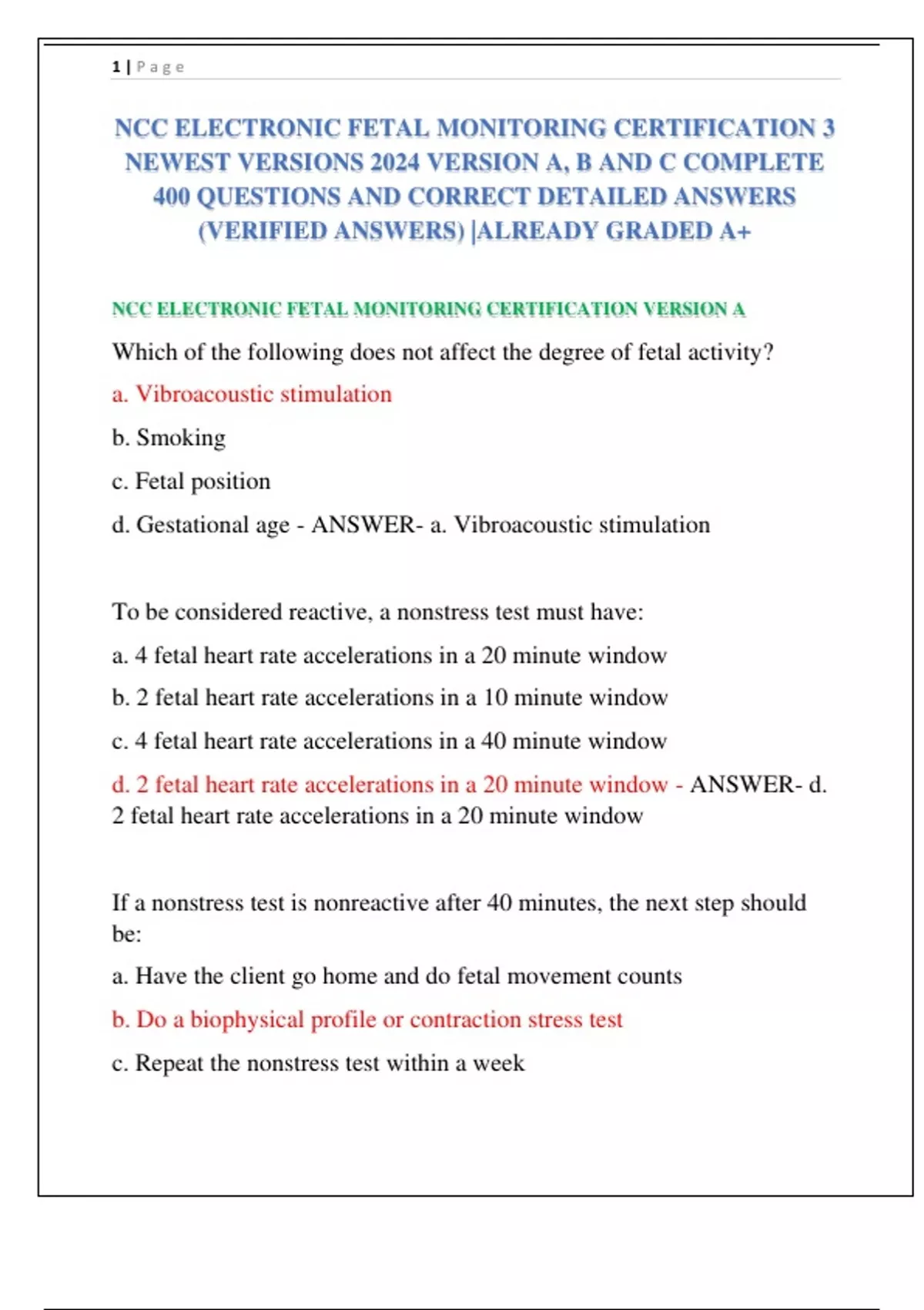 NCC ELECTRONIC FETAL MONITORING CERTIFICATION 3 NEWEST VERSIONS 2024 VERSION A, B AND C COMPLETE ...